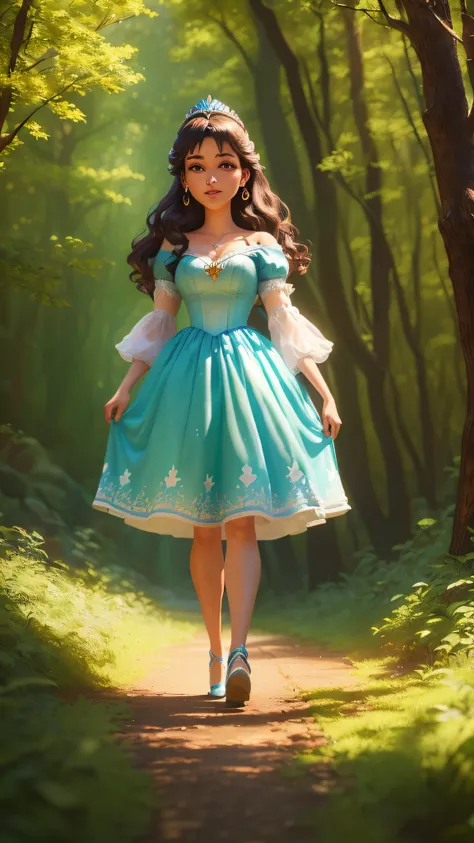arafed image of a woman in a blue dress walking down a path, photorealistic disney, 3 d render ...