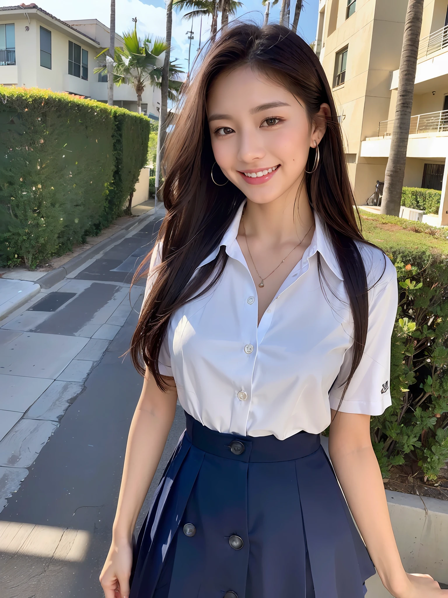 A close up of a woman in a skirt and shirt posing for a picture - SeaArt AI