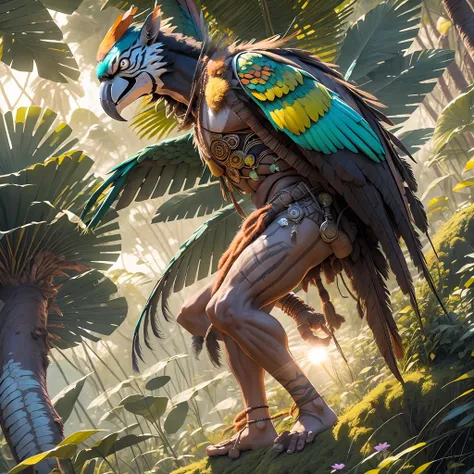 Humanoid character, parrot macaw head and human body, tall body covered ...