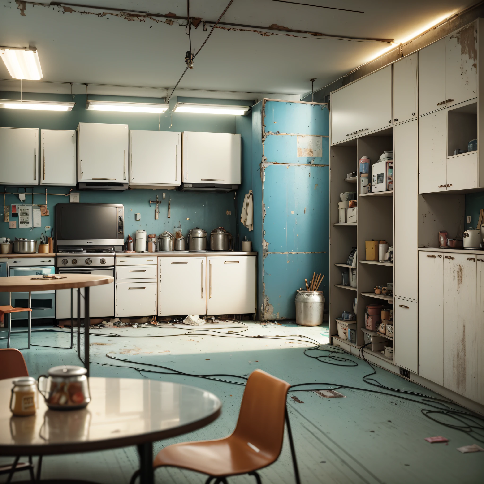 Dirty rooms, retro old sofas, windows, twilight, junk food - SeaArt AI