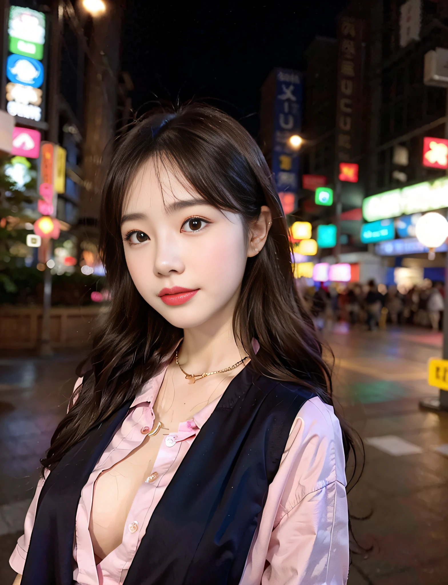 A close up of a woman standing on a city street at night - SeaArt AI