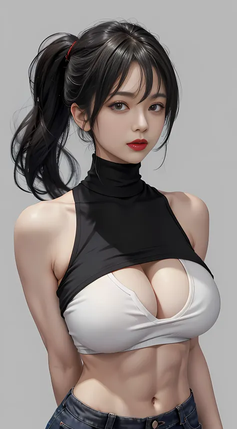 Girls, Bangs, Bare Shoulders, Black Pants, Breasts - SeaArt AI