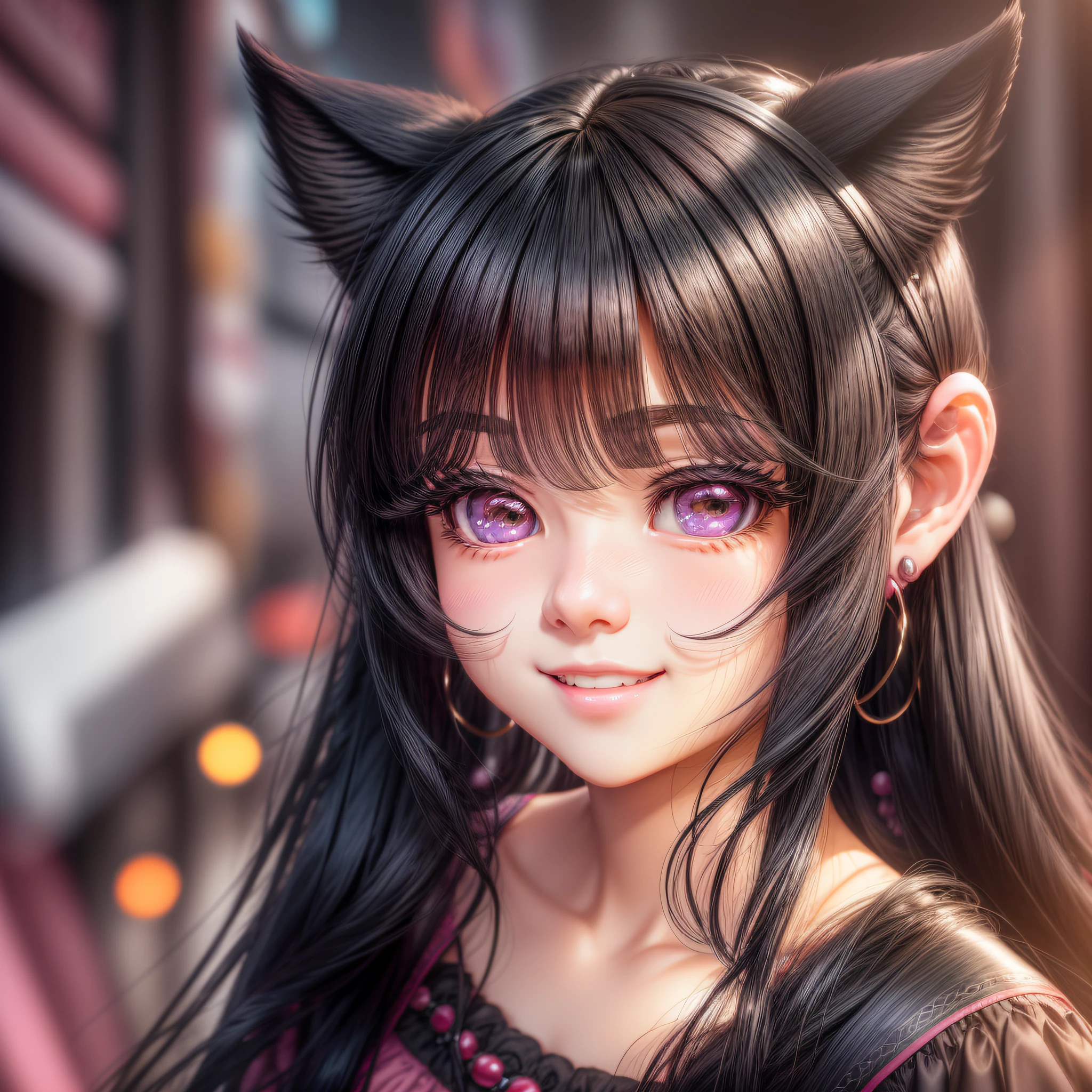 black hair, hair bobbles, wince, long eyelashes, solid circle eyes ...