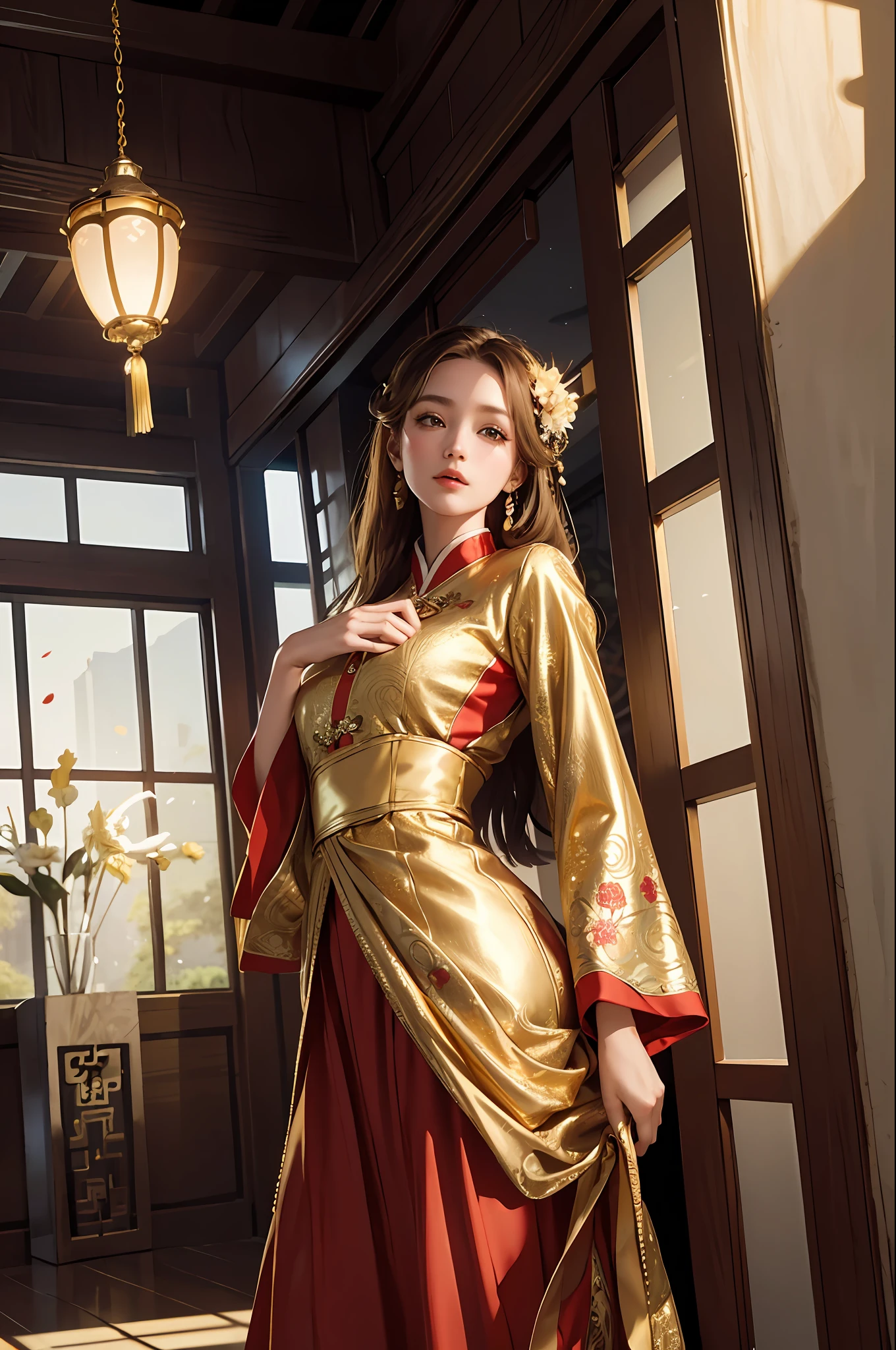 Araffe woman in a gold and red dress posing for a picture - SeaArt AI