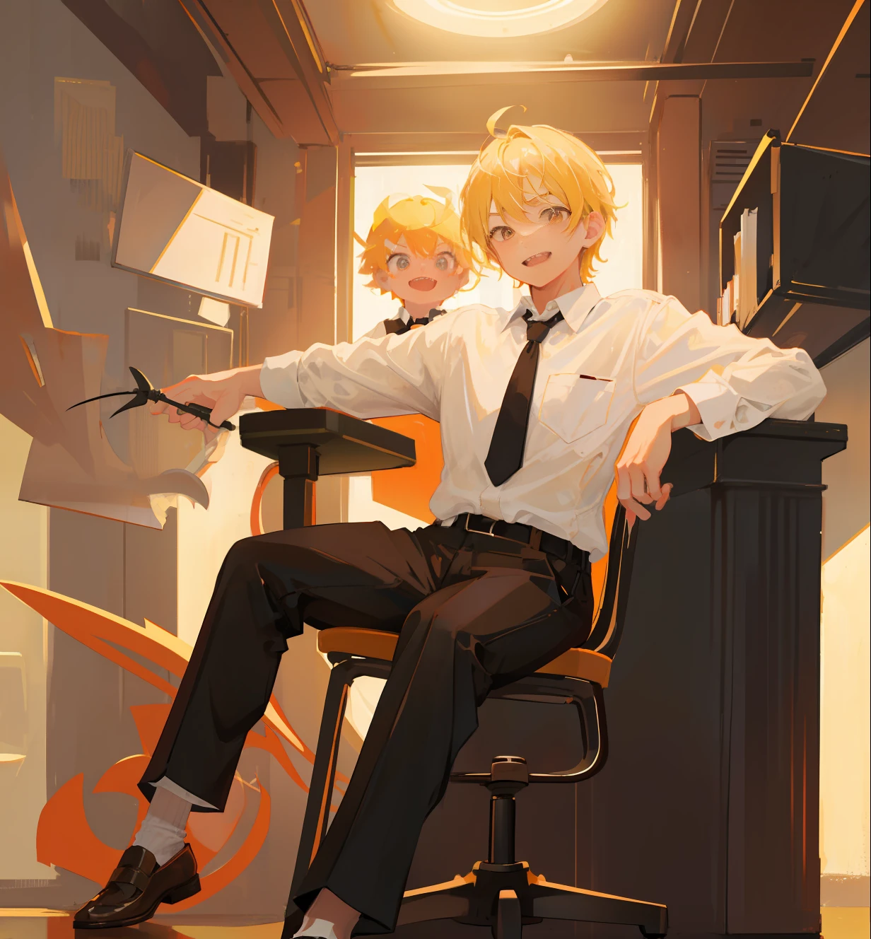 Anime - style illustration of two men sitting at a desk with a computer ...