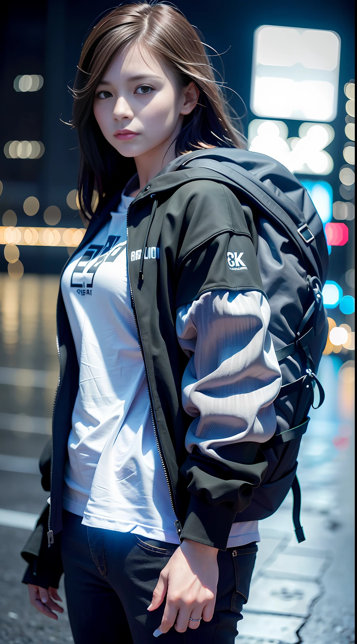 Arafed woman in a black jacket and white shirt standing on a city street - SeaArt AI