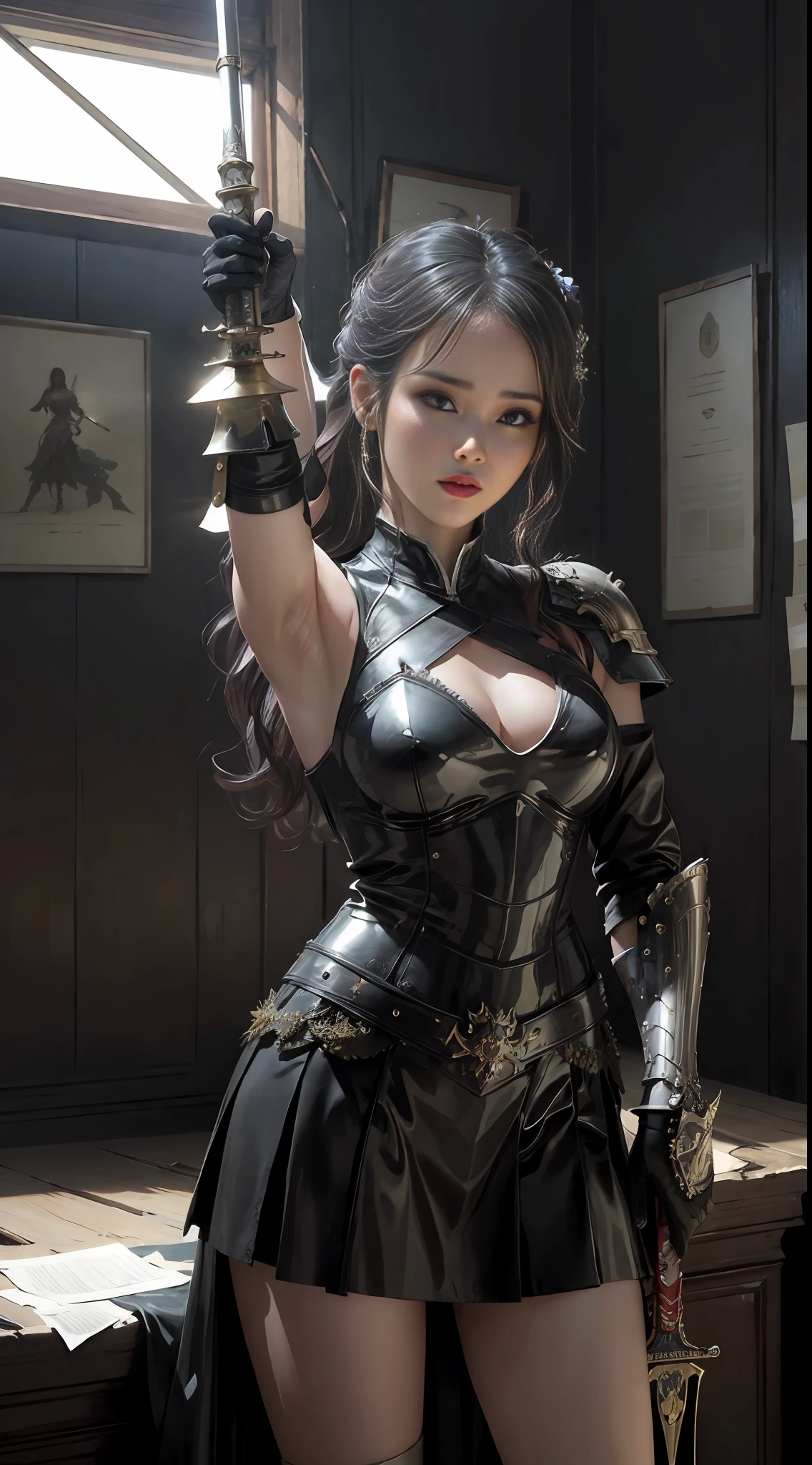 A woman in a leather outfit holding a sword in a room - SeaArt AI