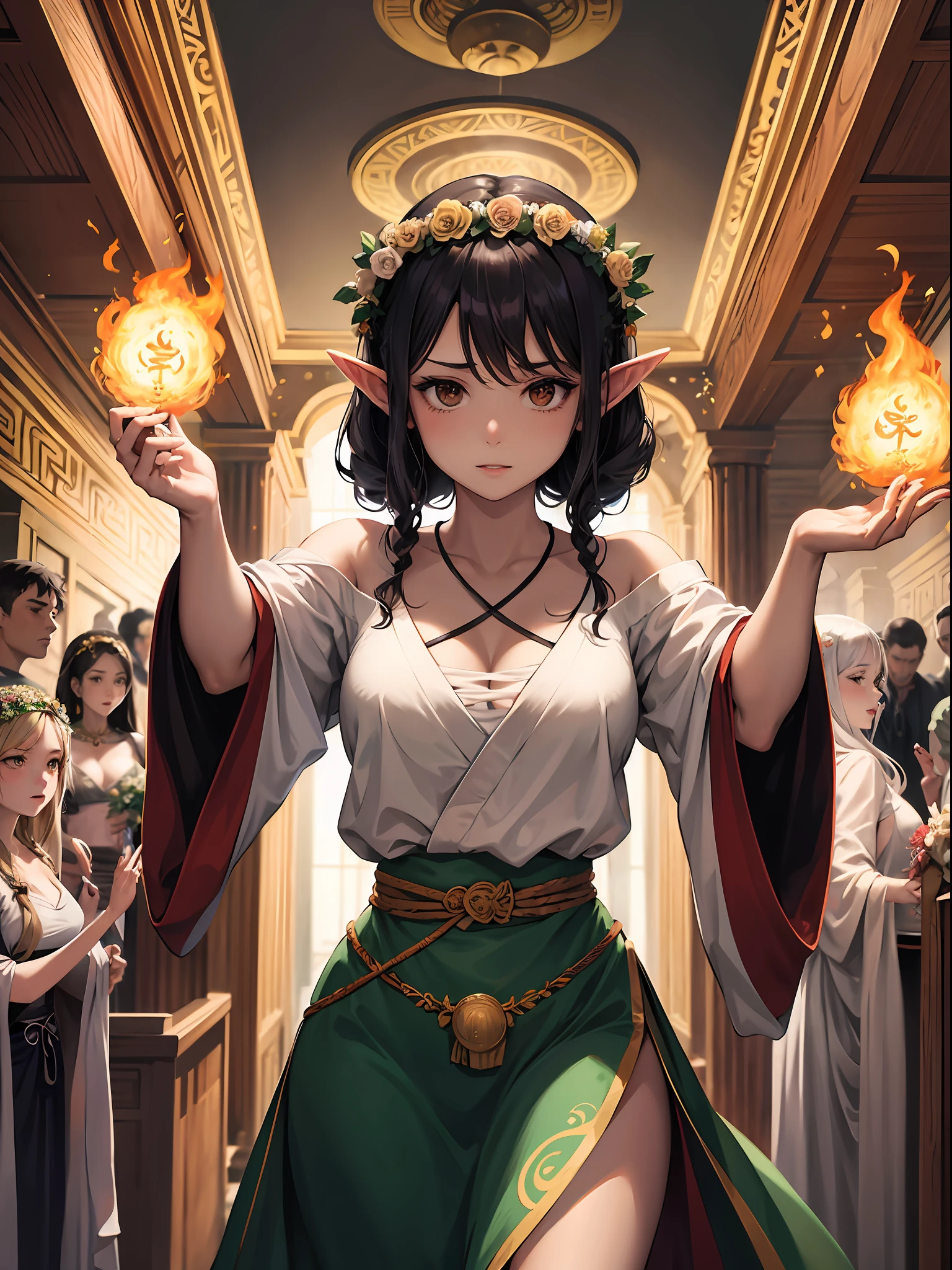 A woman in a green and white dress holding a fire ball - SeaArt AI