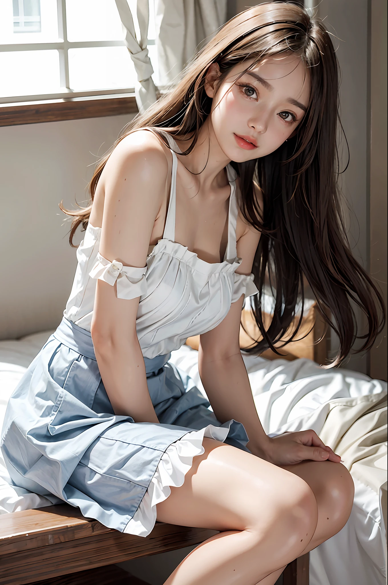 白いドレスを着てベッドに座っているアラフェのアジア人女性 Seaart Ai