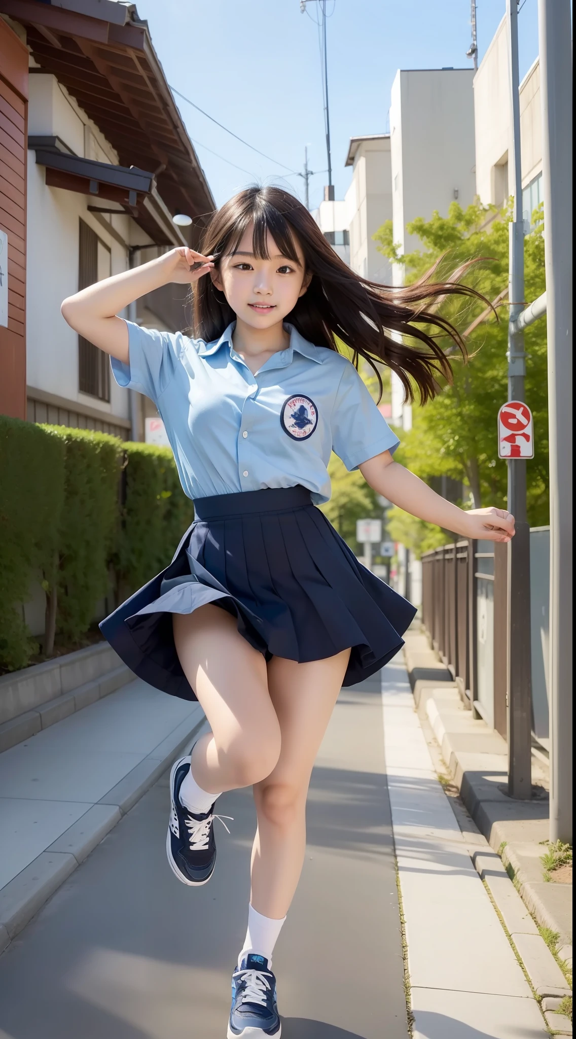 Arafed asian woman in a school uniform running down a street - SeaArt AI