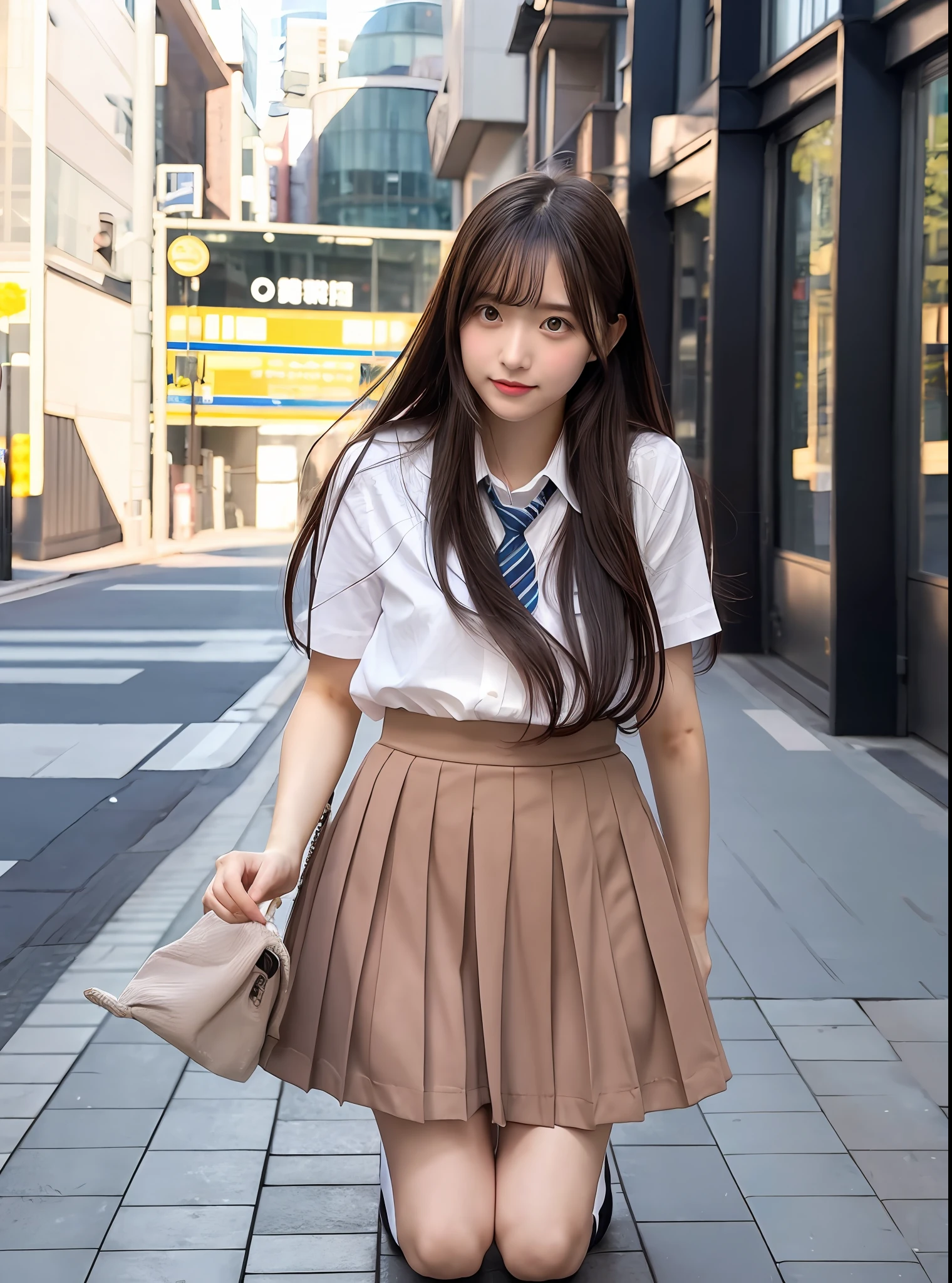 Arafed asian woman in a skirt and shirt is walking down the street - SeaArt AI