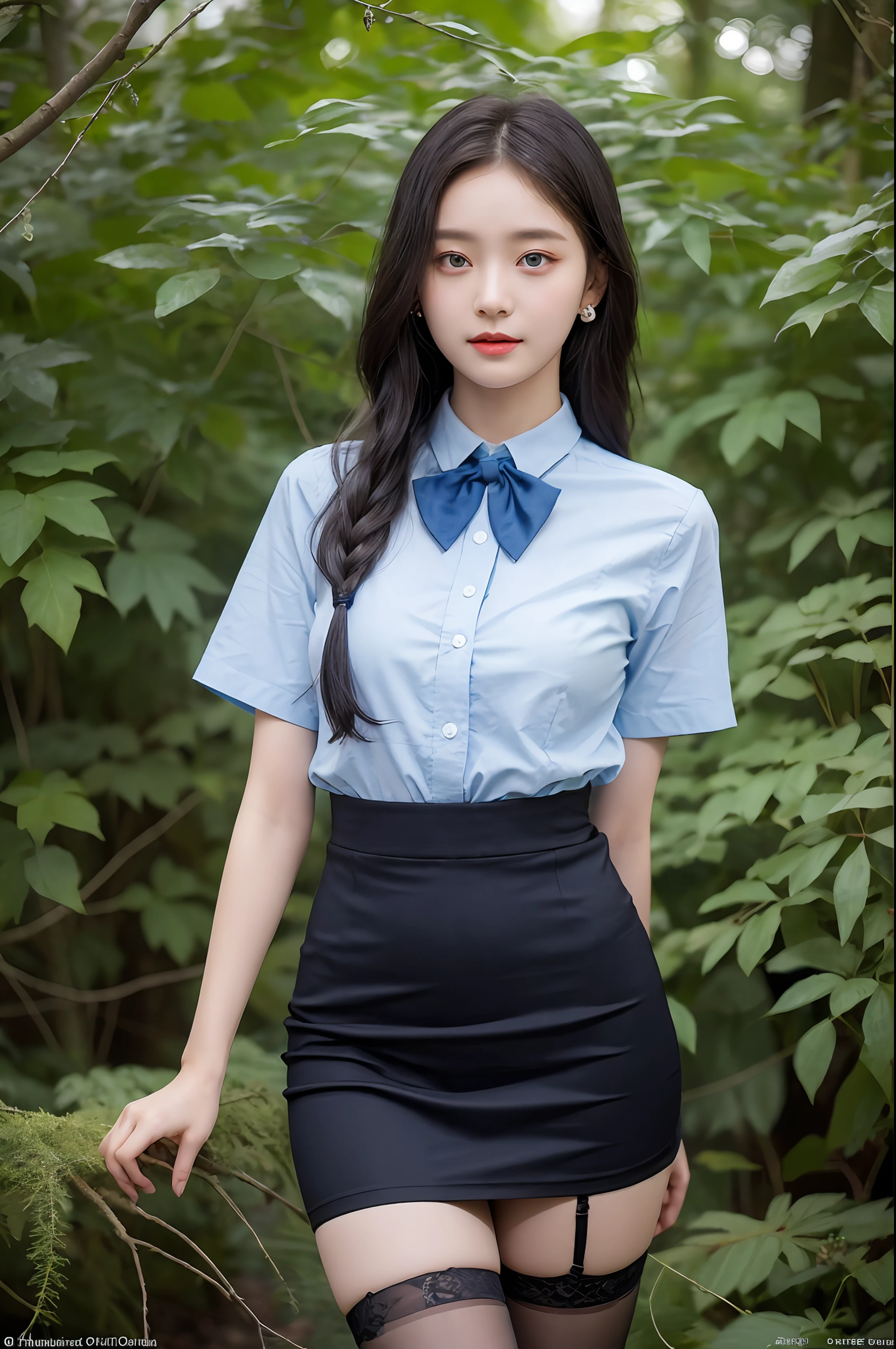 Arafed asian woman in a short skirt and blue shirt posing for a picture - SeaArt AI