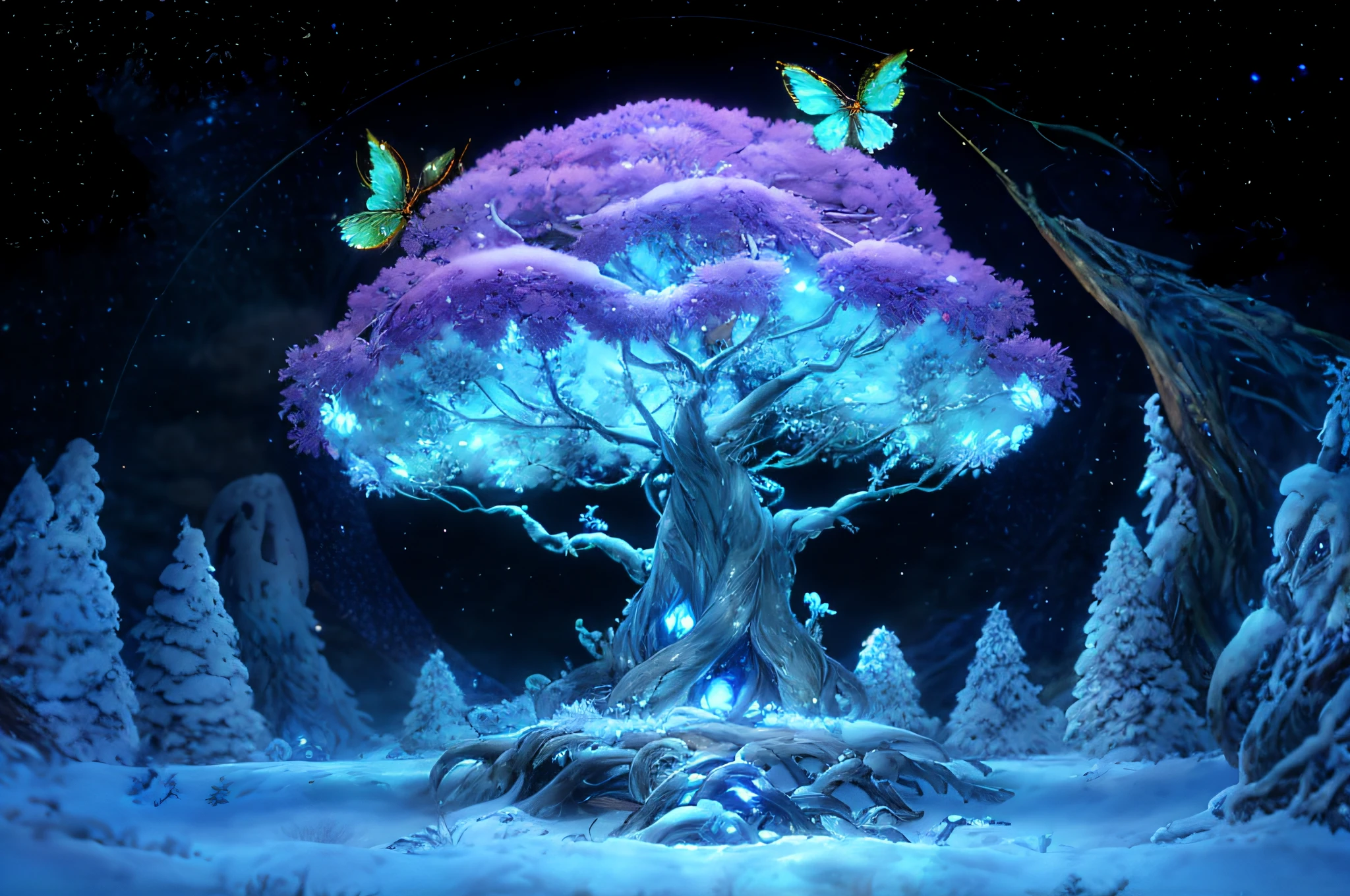 A close up of a tree with purple leaves and butterflies - SeaArt AI