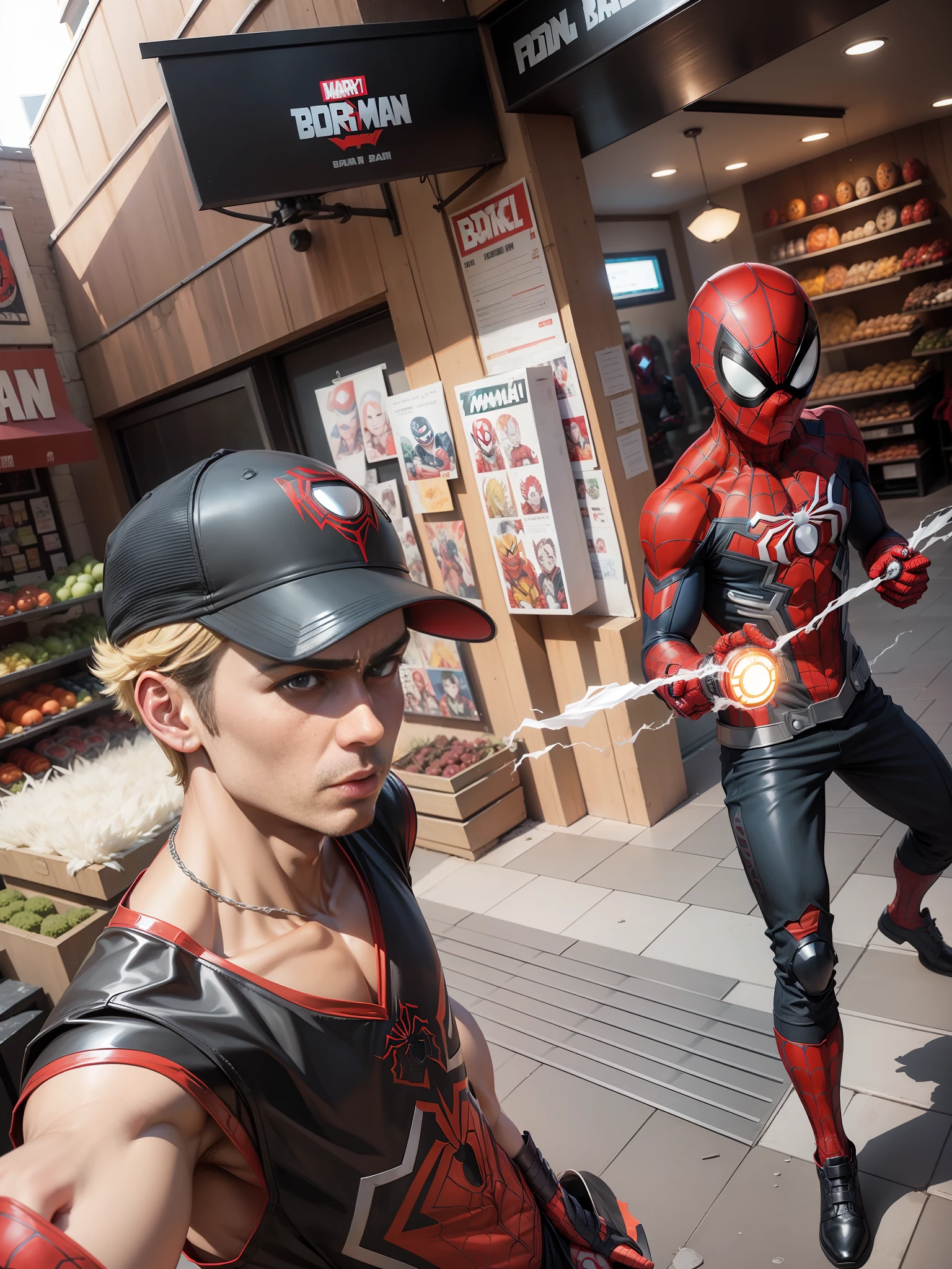 Spider - man and a woman in leathers are standing on the sidewalk ...