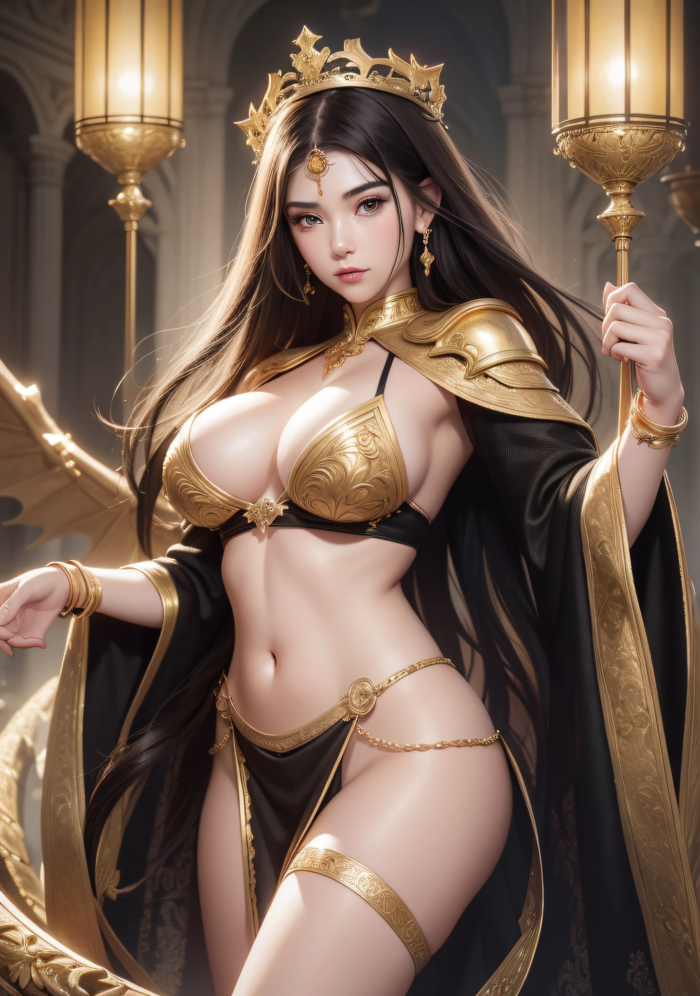 金色の衣装と王冠を身に着けた女性がポーズをとっている Seaart Ai