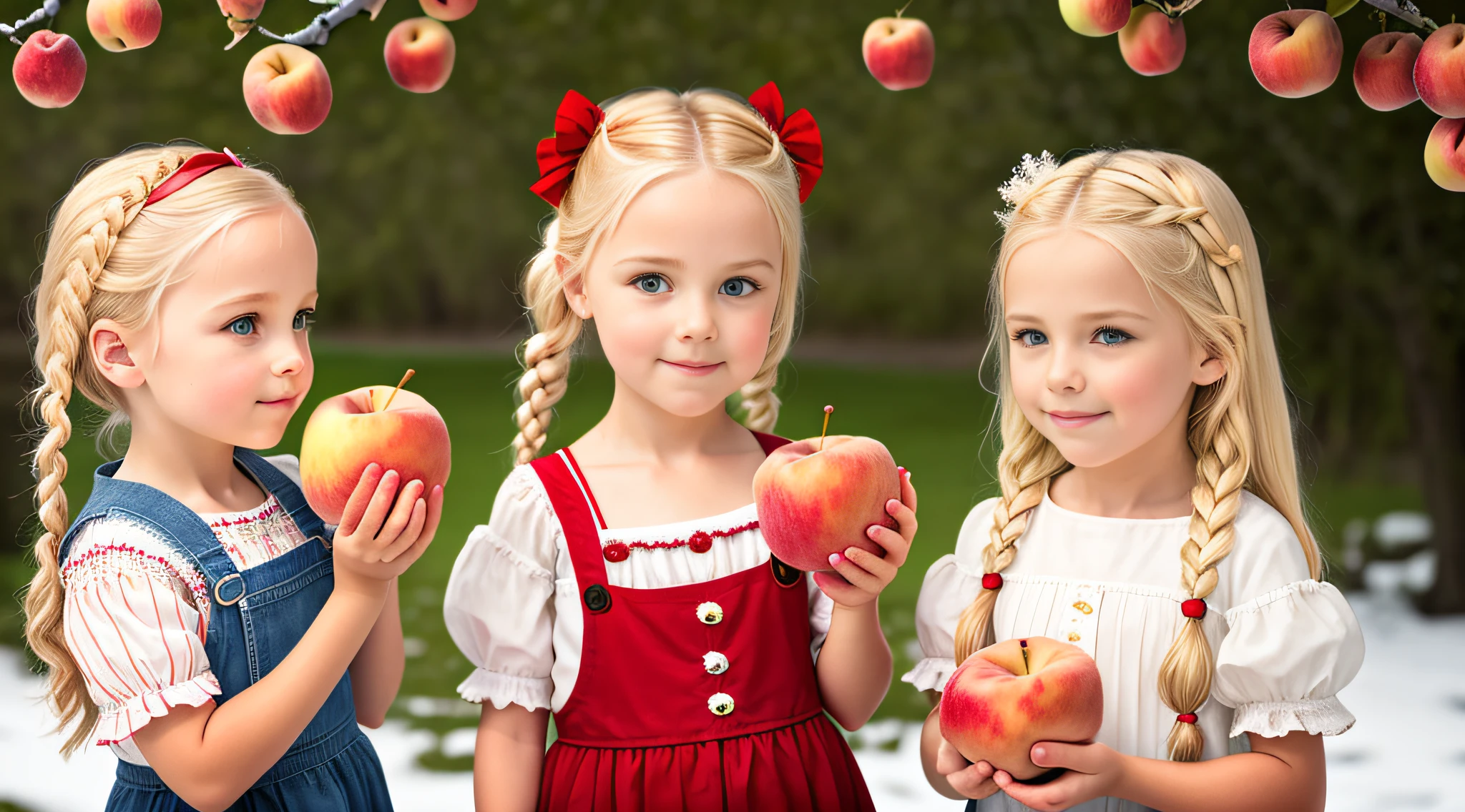 Three little girls holding apples in their hands in a snowy field ...