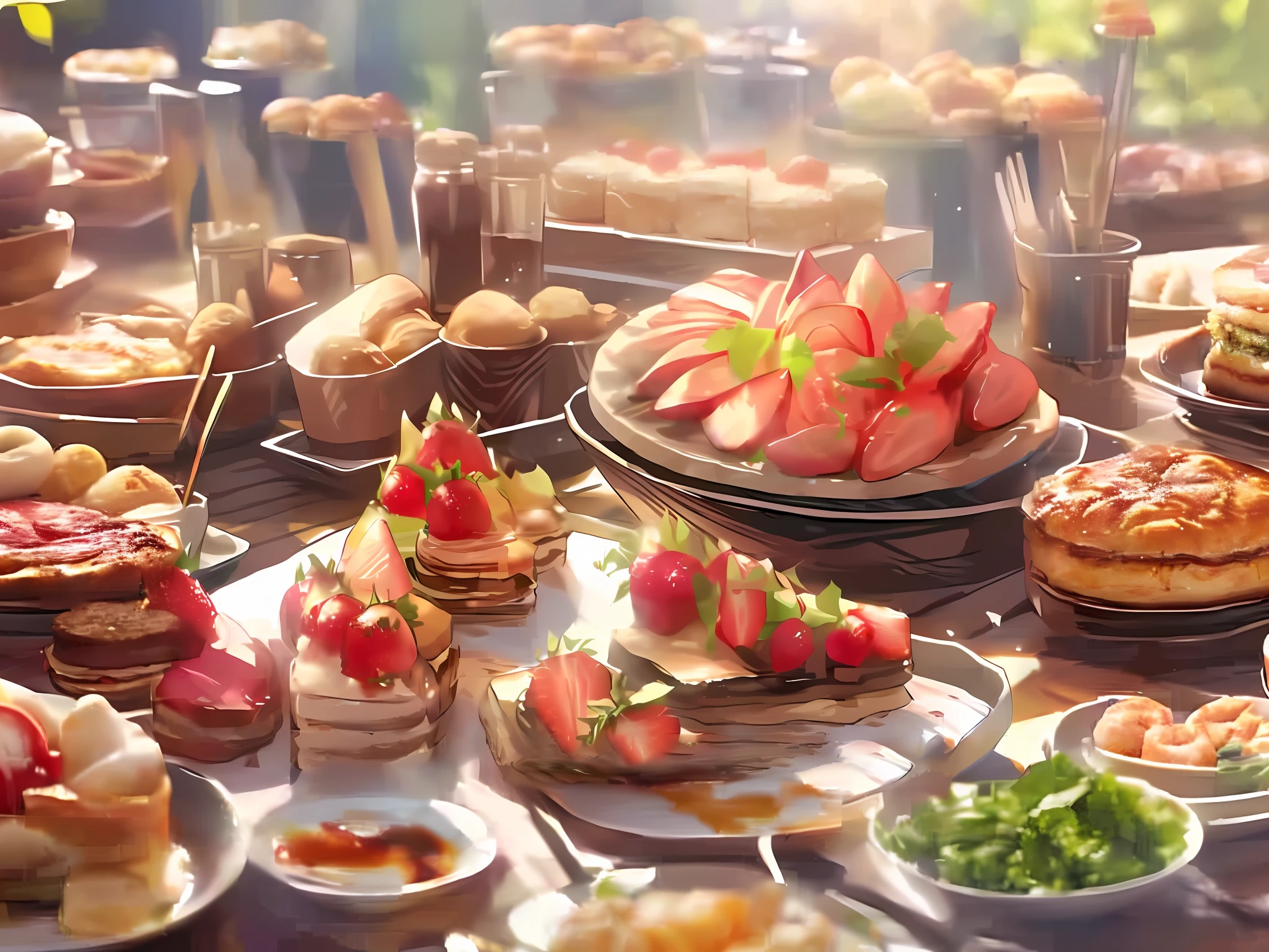 テーブルの上にはさまざまな種類の食べ物があります, アニメの食べ物, 超リアルな食べ物の写真, アニメ画家スタジオで描きました, アニメ絵師 ...