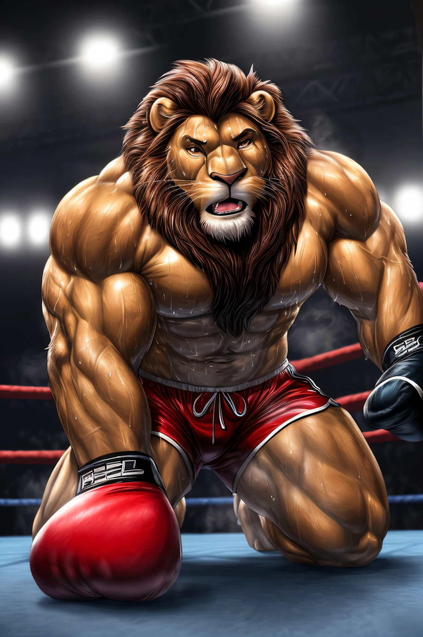 A cartoon lion with boxing gloves and a boxing ring - SeaArt AI