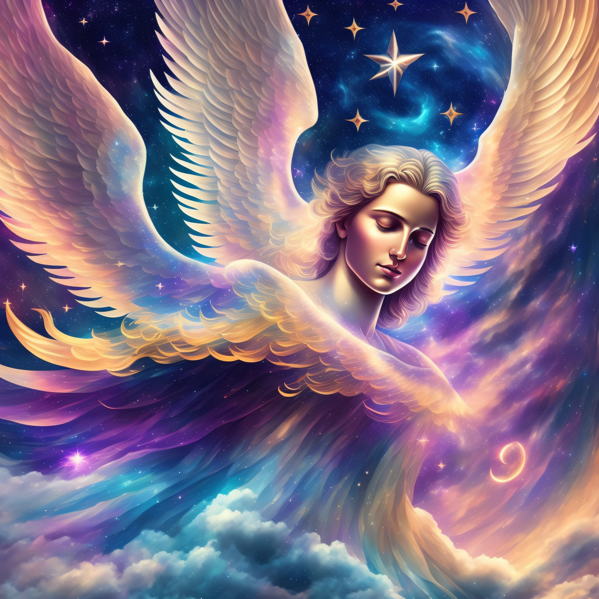 An angel with wings flying through the sky with stars - SeaArt AI