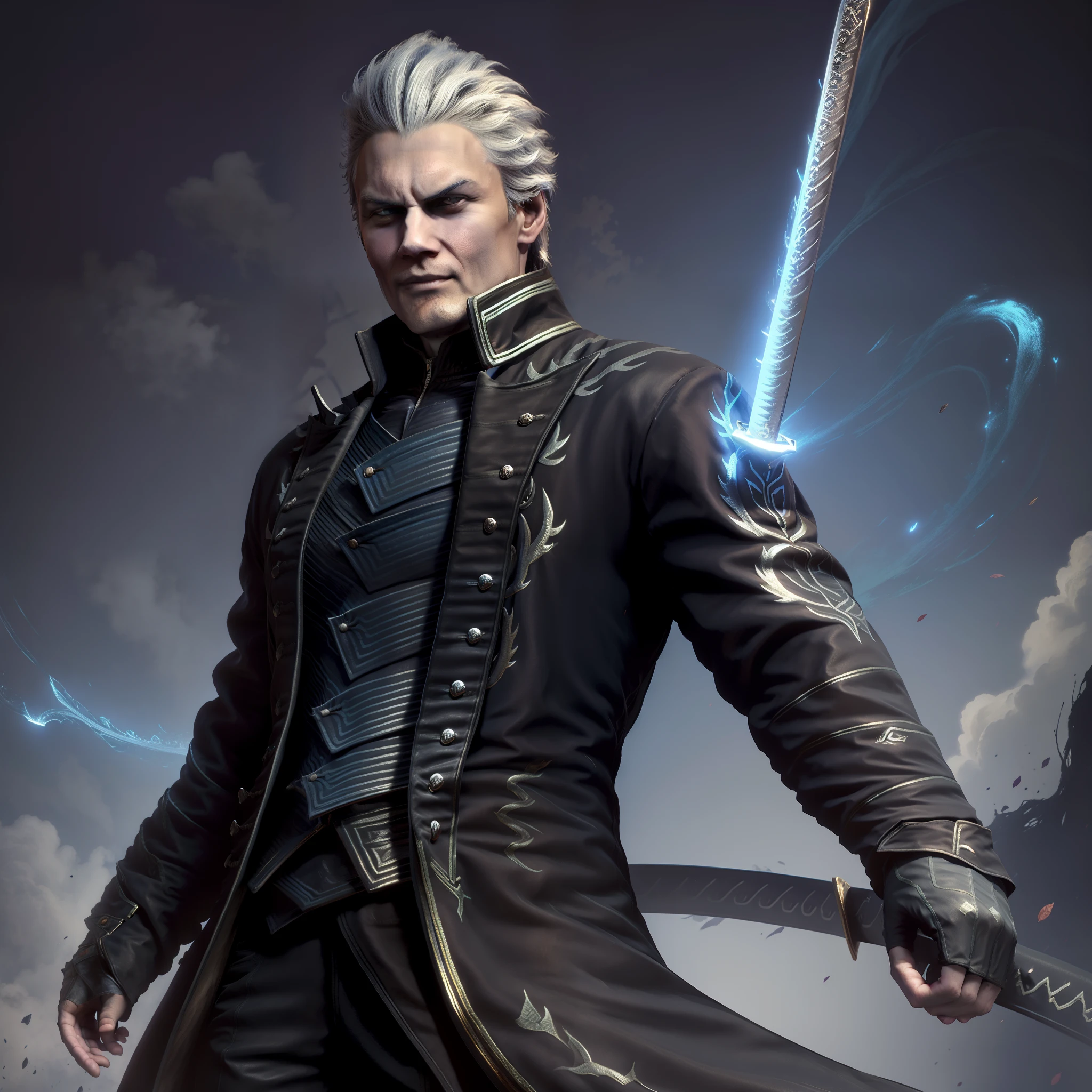 A man in a black coat holding a sword in front of a sky - SeaArt AI