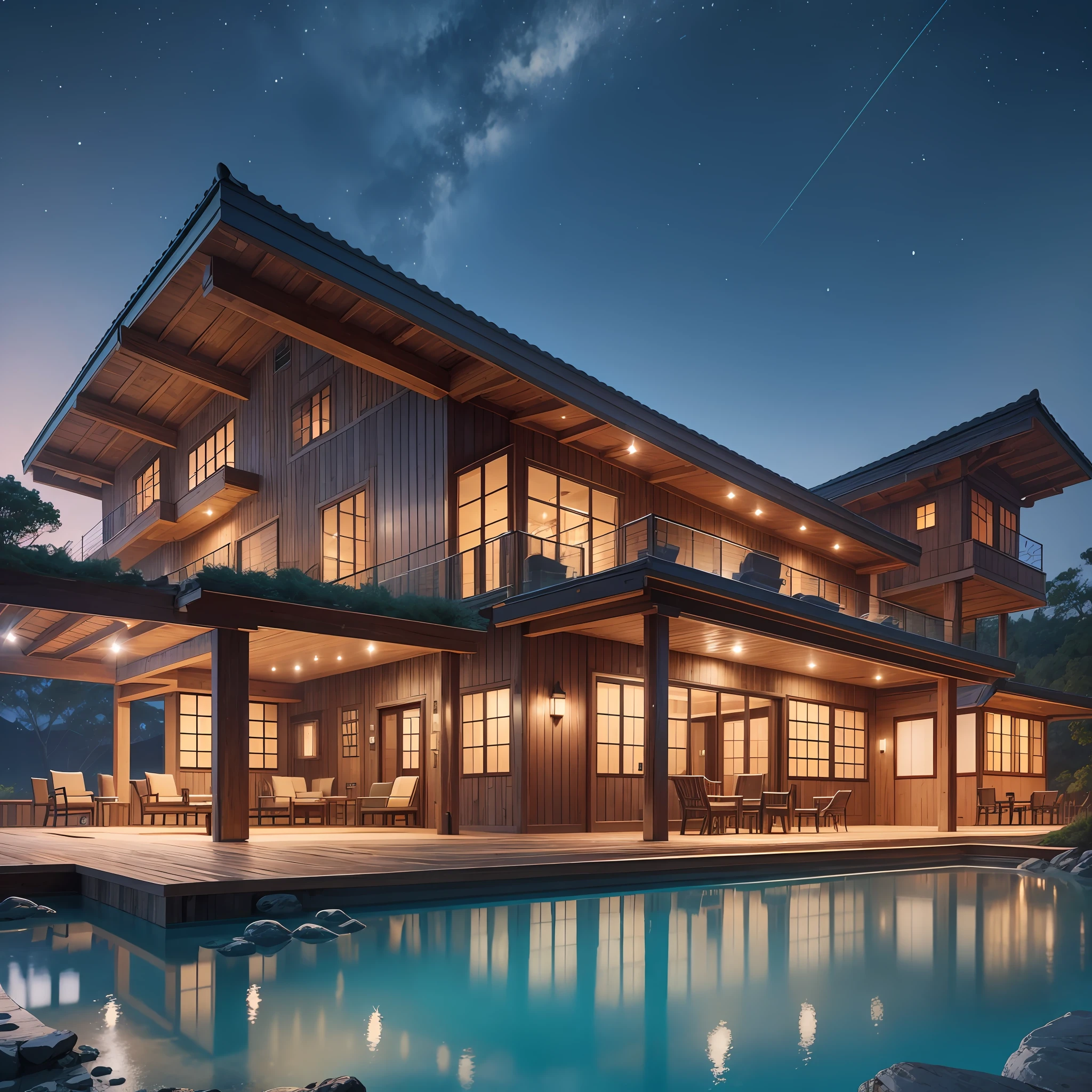 A close up of a house with a pool and a sky background - SeaArt AI