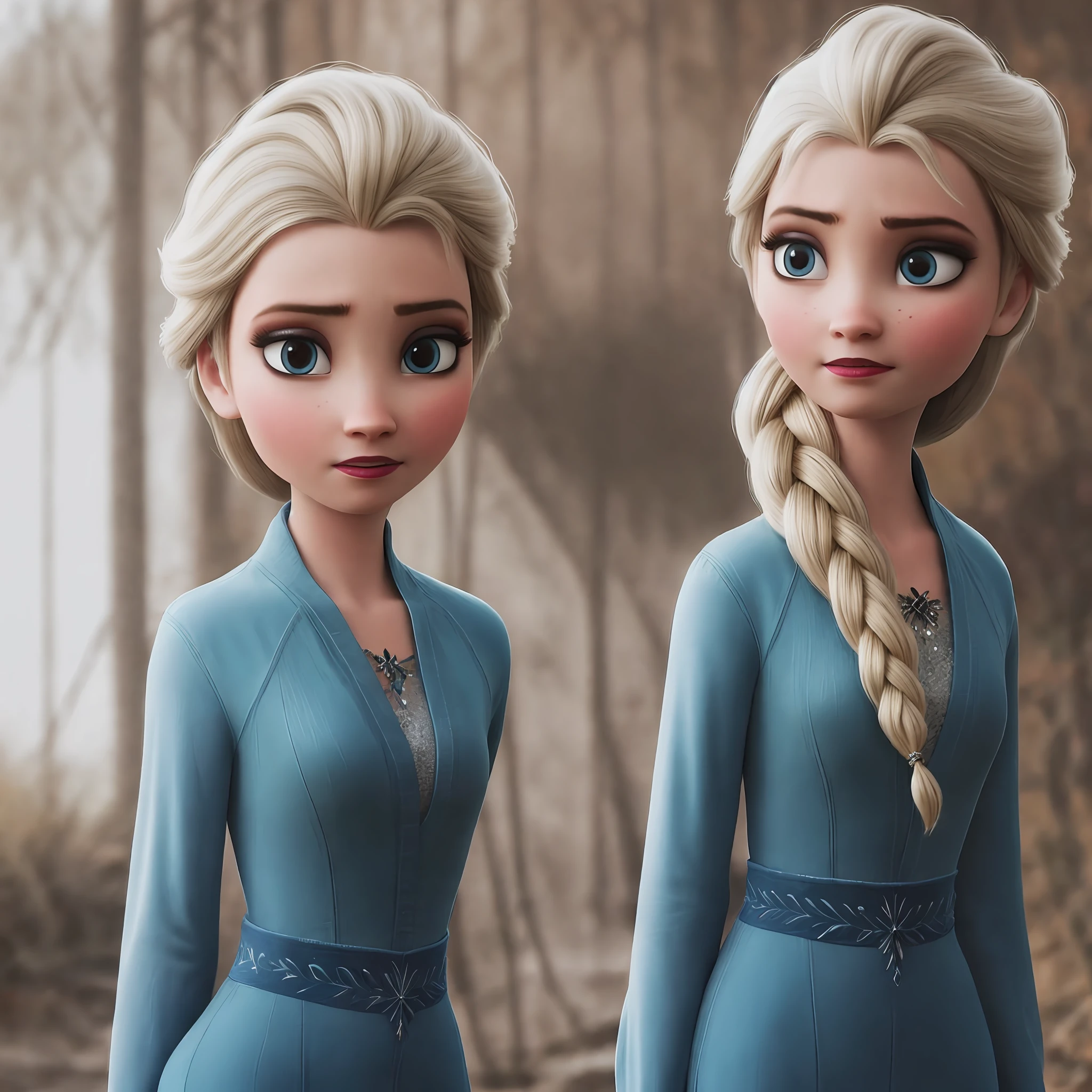 A close up of two women in blue dresses standing next to each other - SeaArt AI