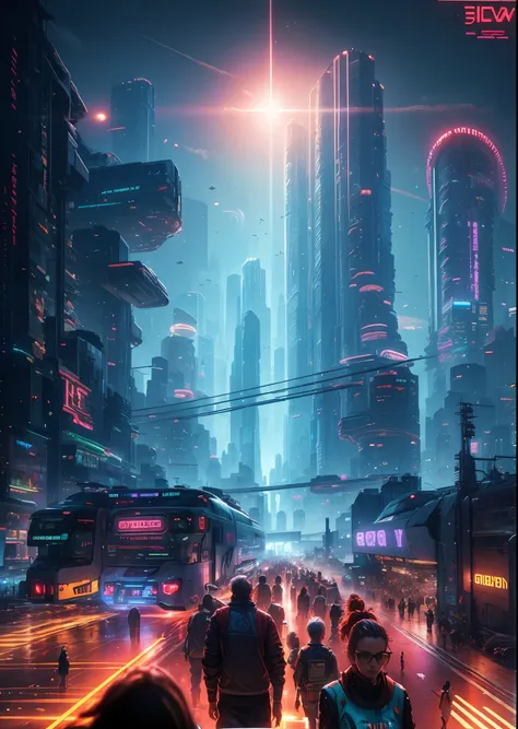 Mega city, giant city, people walking in city, bus, store - SeaArt AI