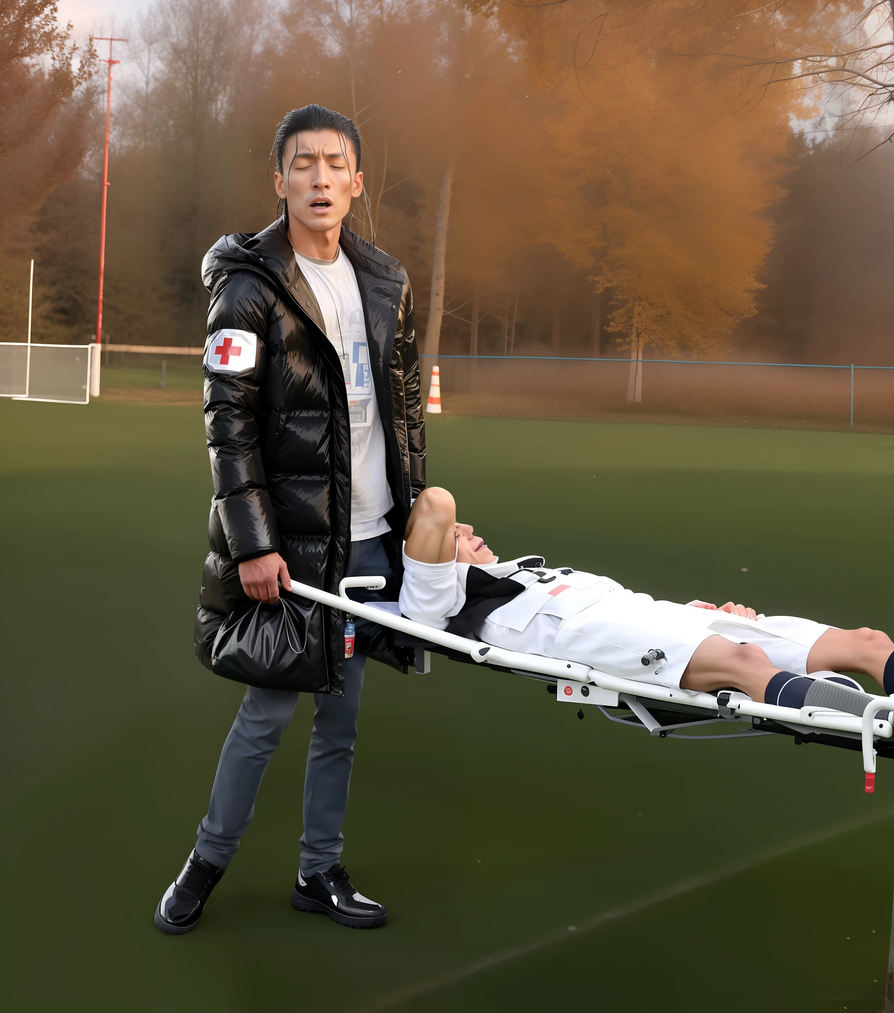 there is a sportsman in white shorts and a white t-shirt lying injured ...