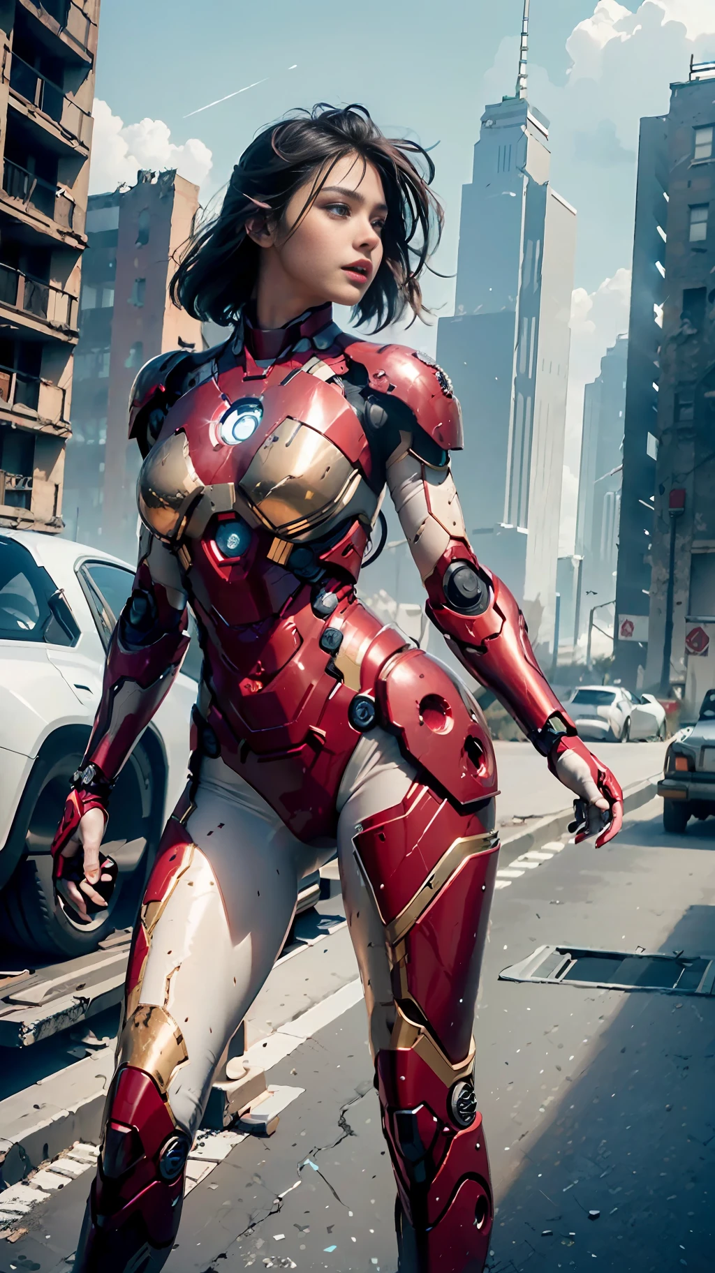 Araffe woman in a red and white suit standing on a street - SeaArt AI