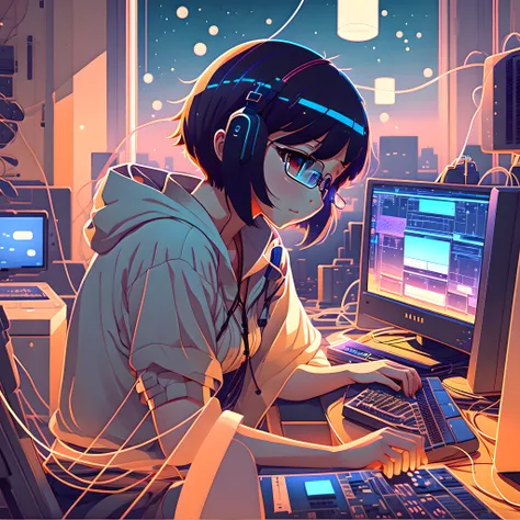 Create a high resolution artwork of Anime Girl is programming at a ...