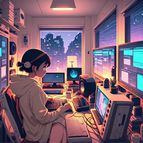 Crie uma arte de lofi em alta resolução ,Anime Girl está programando em ...