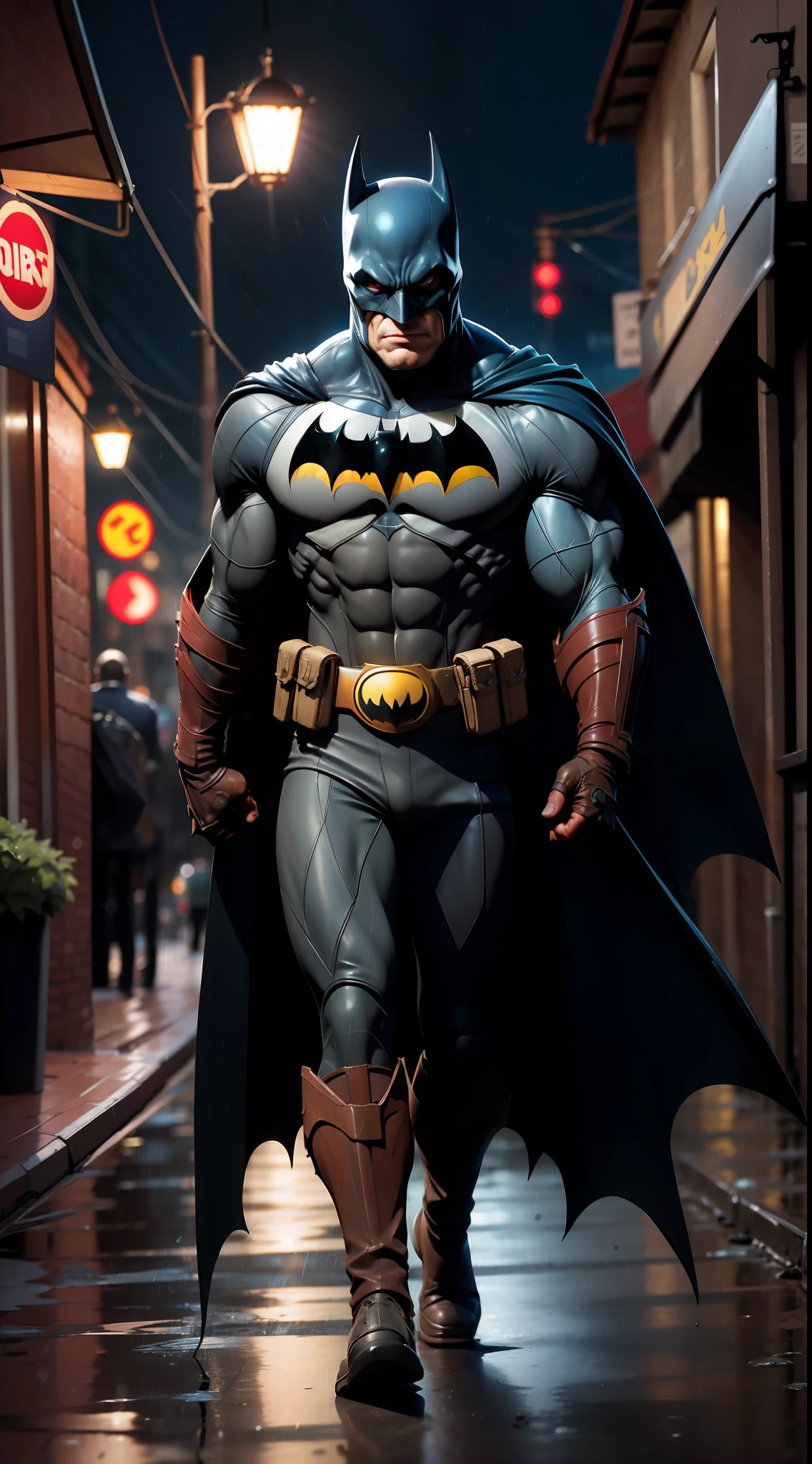 Batman walking down the street in a city at night - SeaArt AI