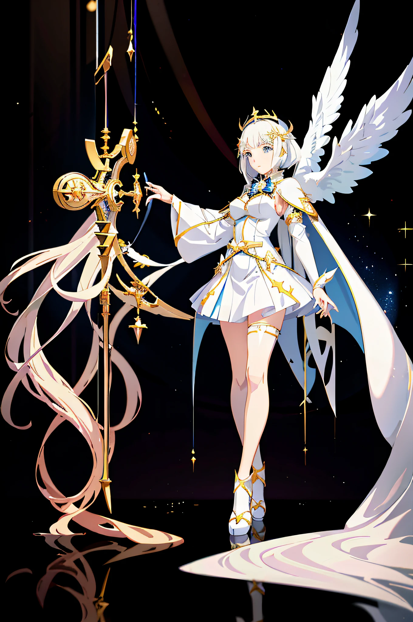 anime girl in white dress with cape and gold belt waving, hestia, anime ...