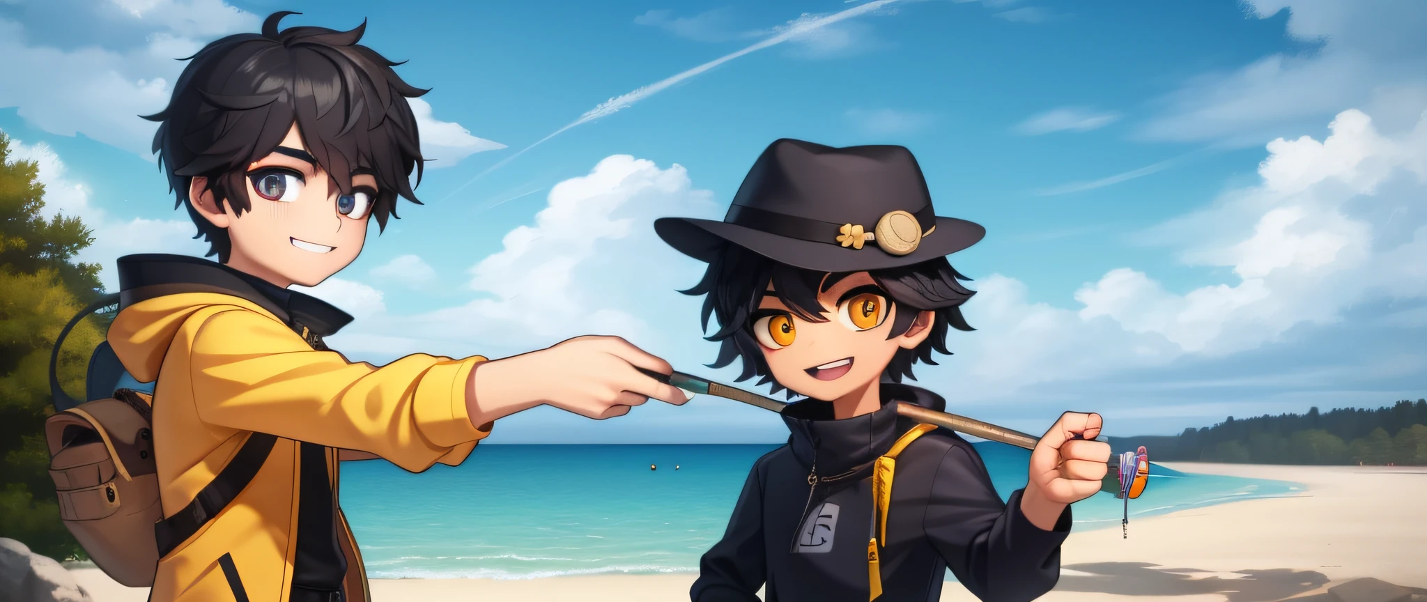 Anime characters standing on a beach with a blue sky in the background ...