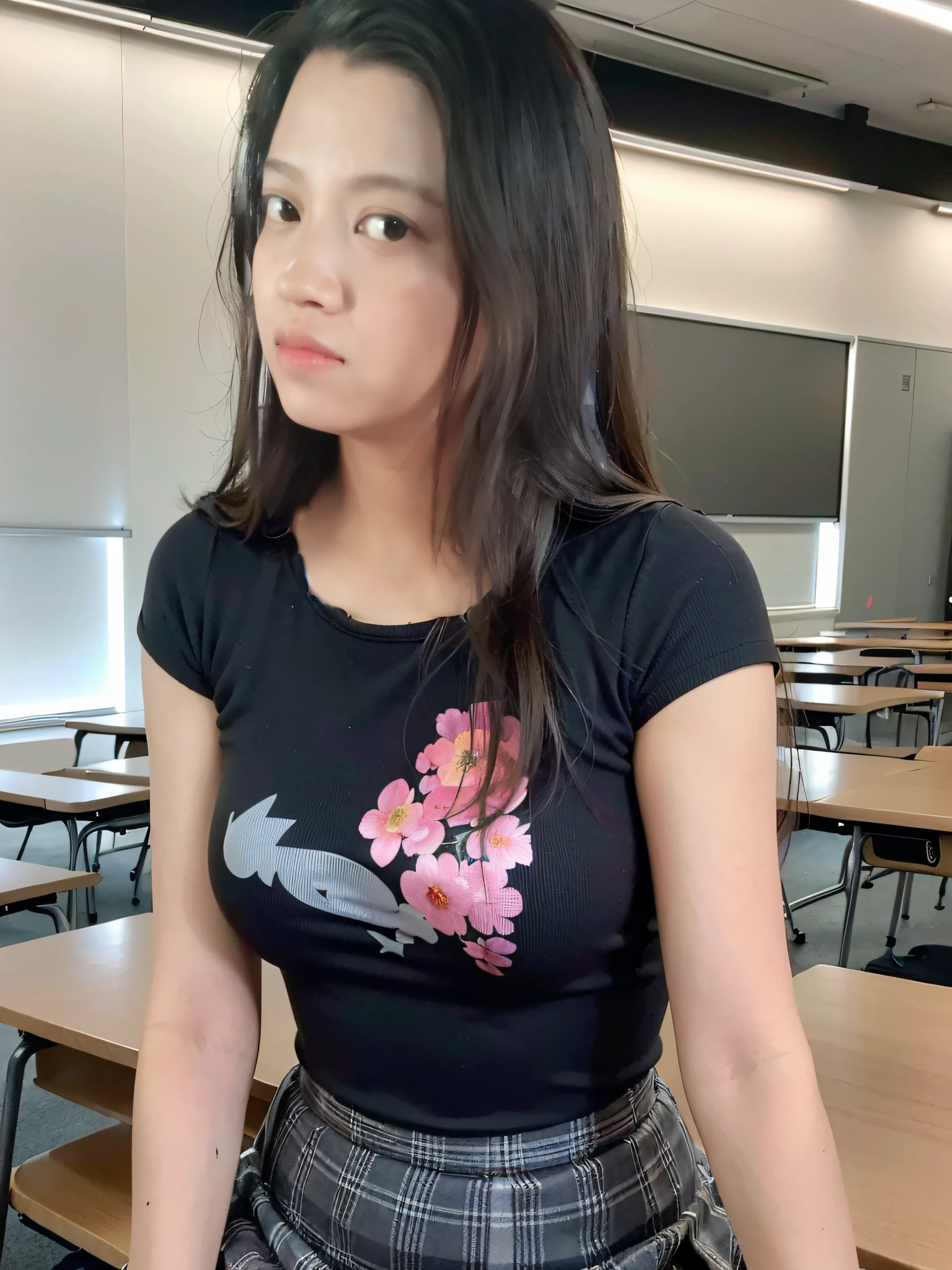 Arafed asian woman in a classroom with a black shirt and plaid skirt - SeaArt AI