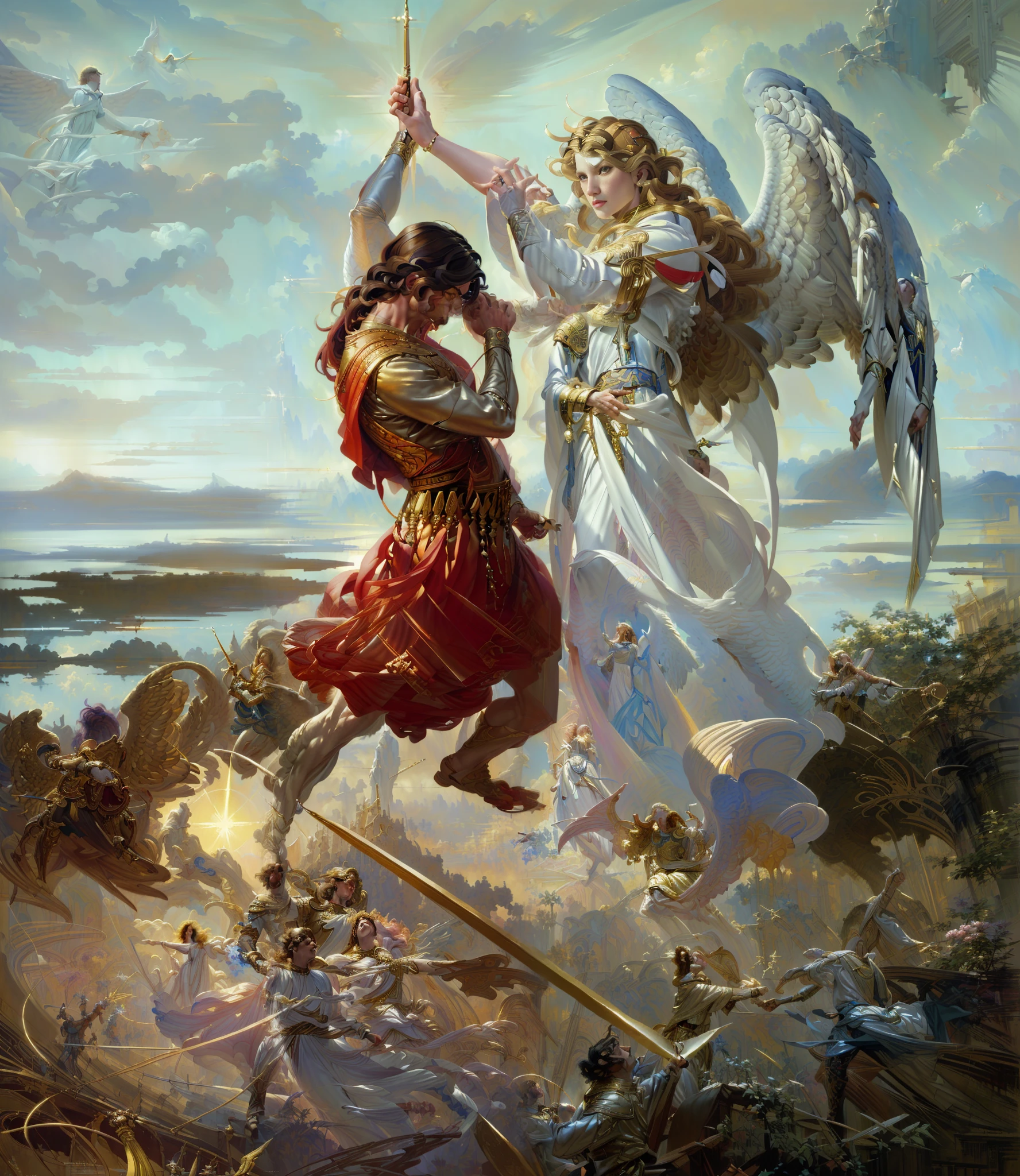 Painting of two angels fighting over a man with a sword - SeaArt AI