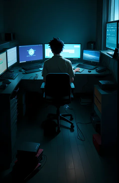 a nerdy boy is programming at a computer in a room full of gadgets, by ...