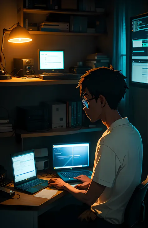 a nerdy boy is programming at a computer in a room full of gadgets, by ...