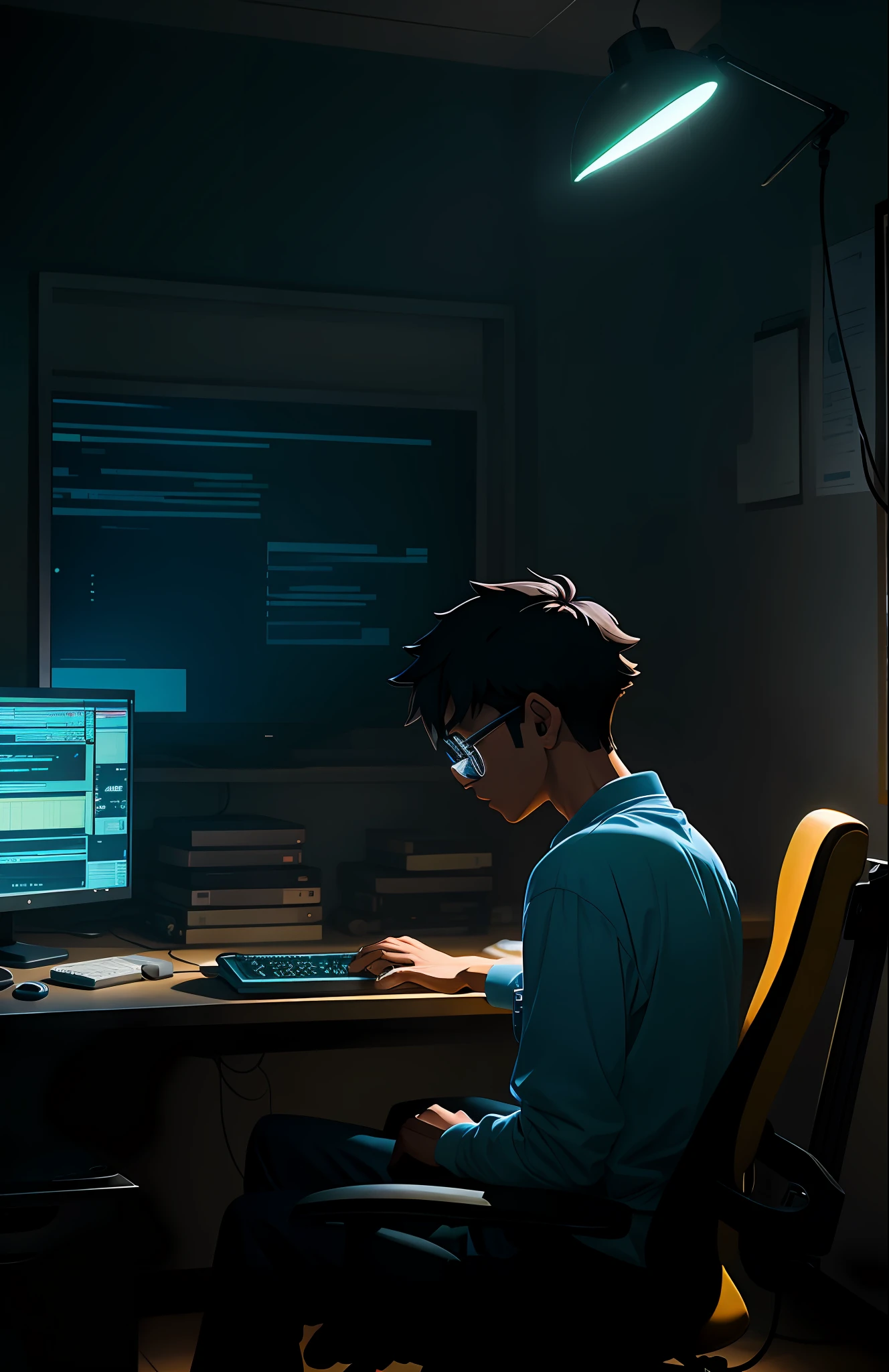 a nerdy boy is programming at a computer in a room full of gadgets, by ...