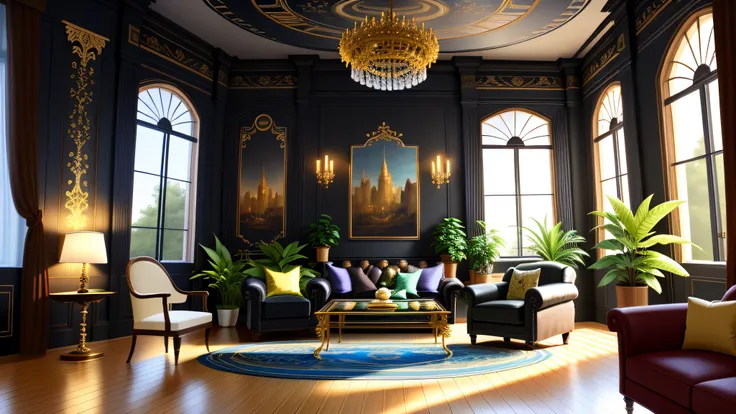 Architectural Digest photo of a maximalist black {steampunk/solarpunk ...