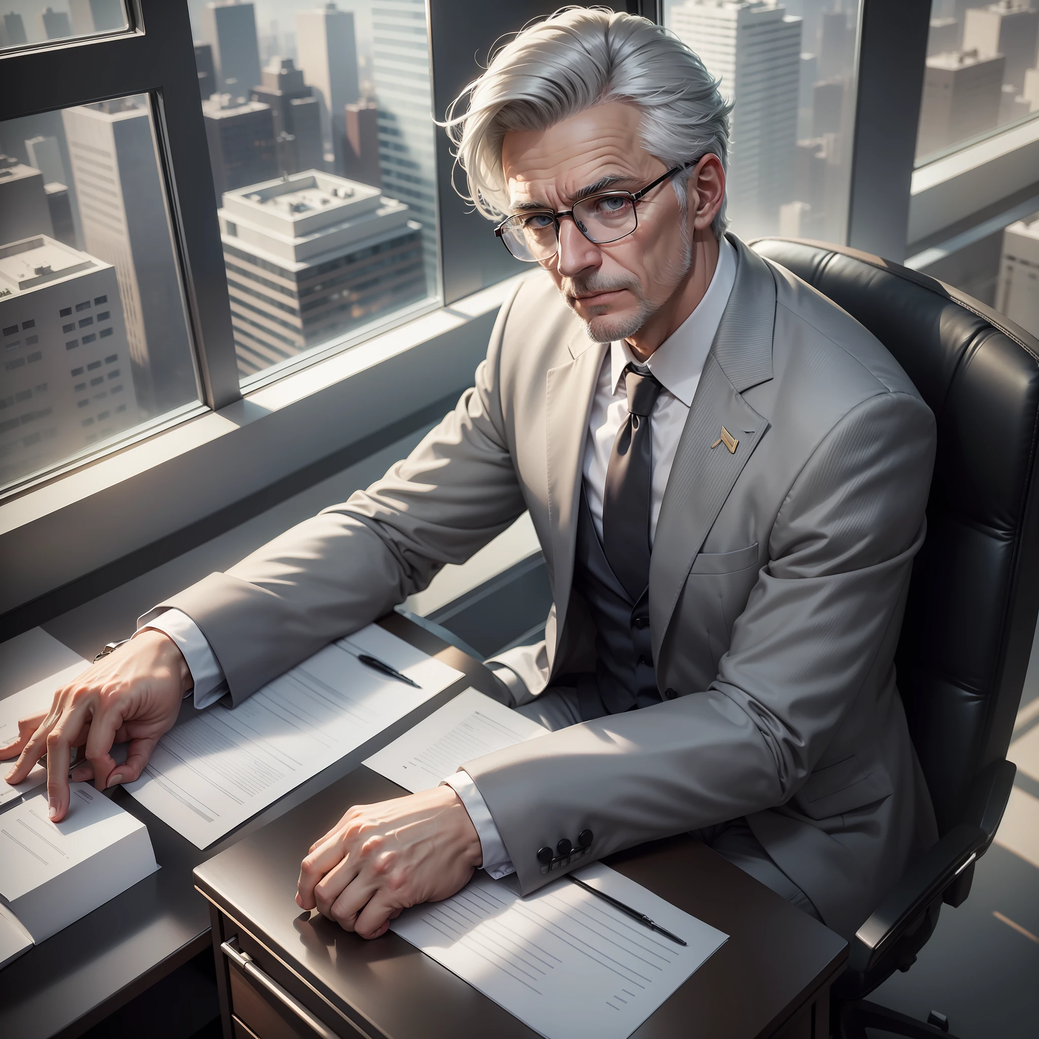 Ultra realistic mage of a gray-haired man, wearing glasses, dressed in a suit, sitting at a ...