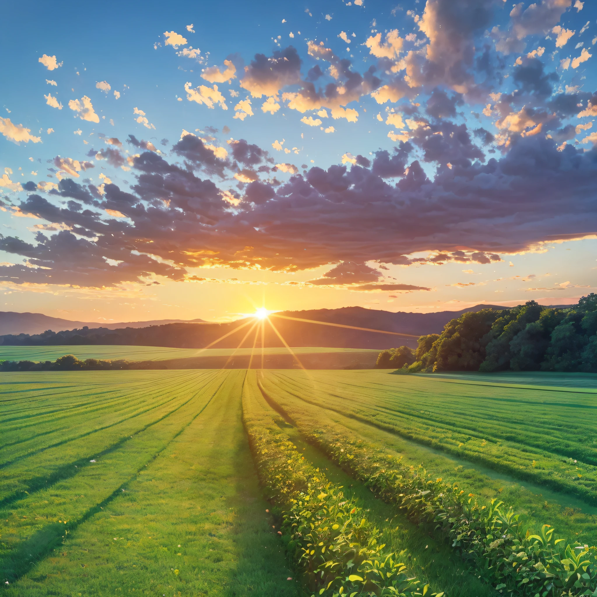 Arafed view of a field with a sunset in the background - SeaArt AI