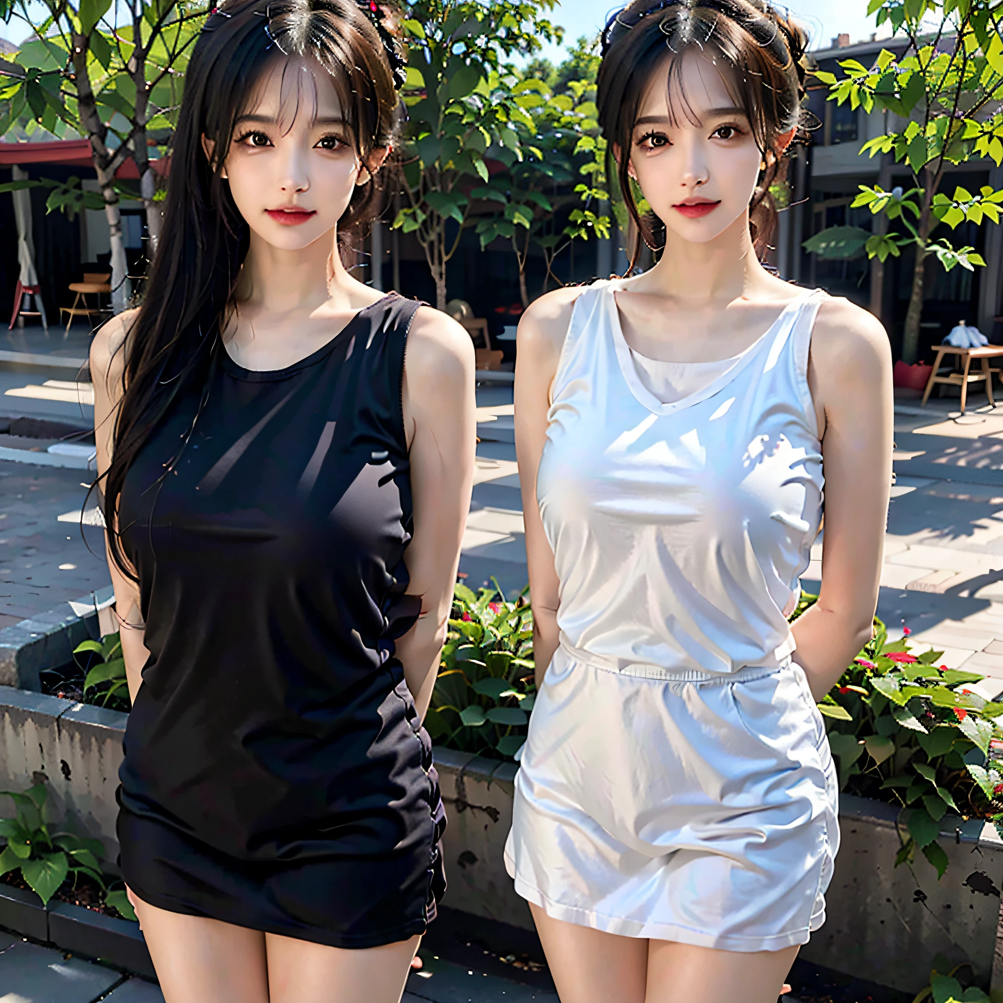 Two asian women in short dresses standing next to each other - SeaArt AI