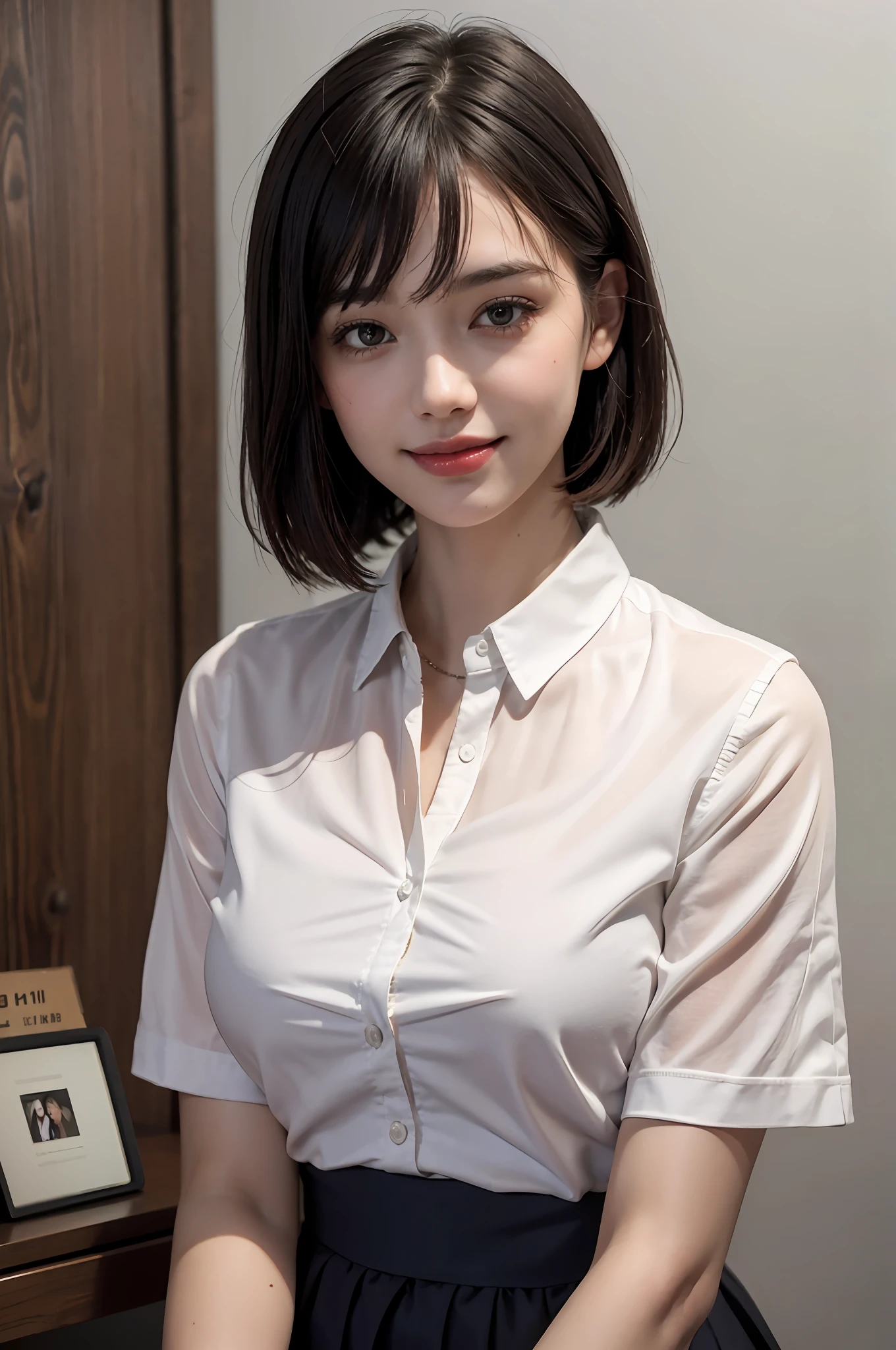 A woman in a white shirt and black skirt posing for a picture - SeaArt AI