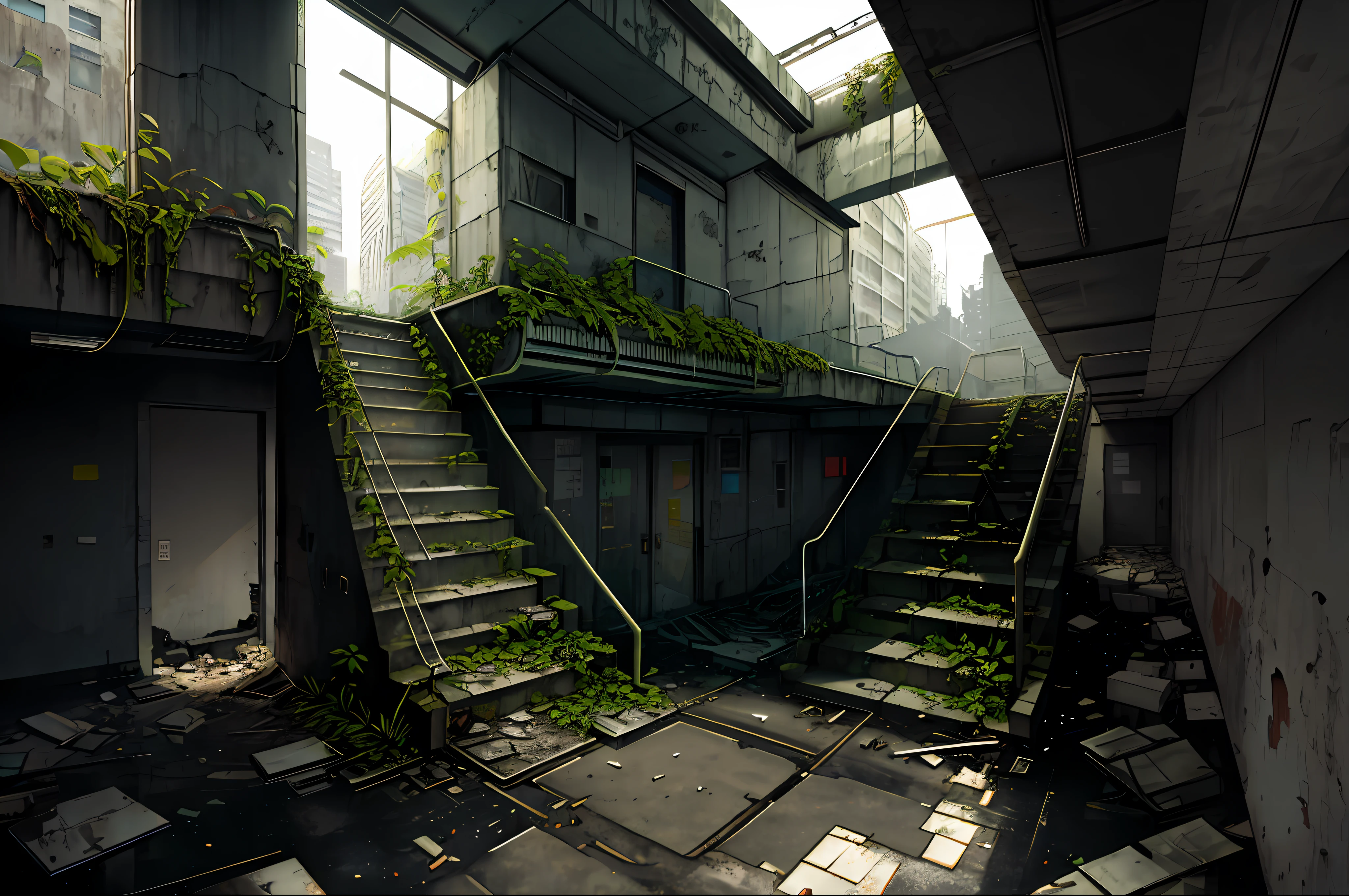 Arafed building with a staircase and a bunch of plants growing on the ...