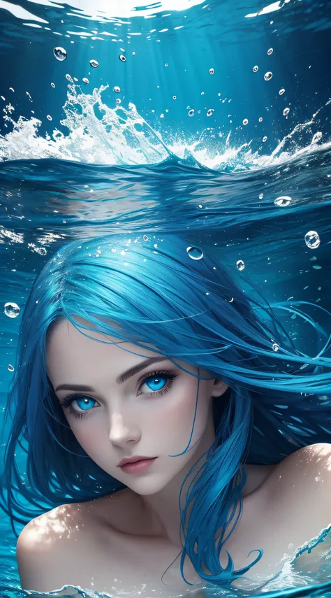Under water scene, amazing woman, blue hair, blue eyes, - SeaArt AI