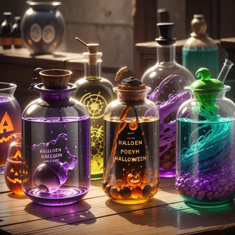 "Halloween Potions": An array of colorful potion bottles, each ...