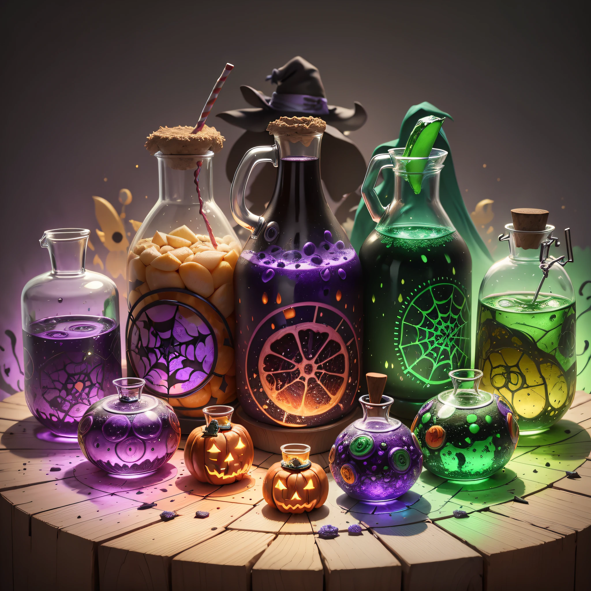 "Halloween Potions": An array of colorful potion bottles, each ...