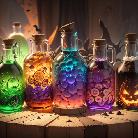 "Halloween Potions": An array of colorful potion bottles, each ...