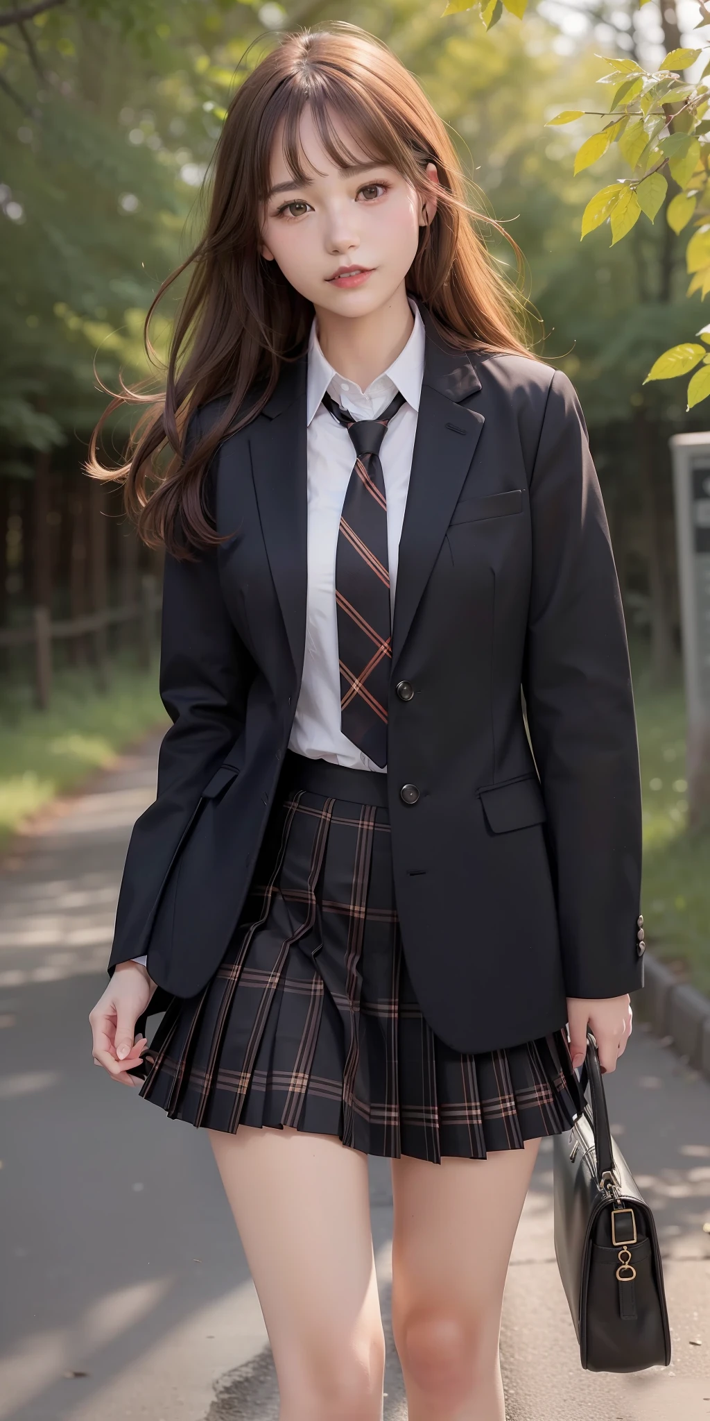 Arafed asian woman in a school uniform walking down a street - SeaArt AI